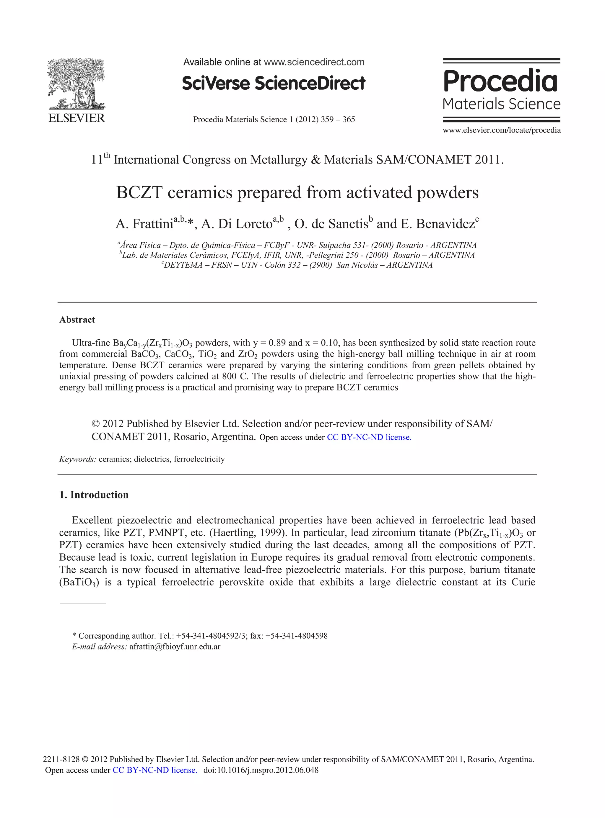 Bczt ceramics prepared from activated powders | PDF