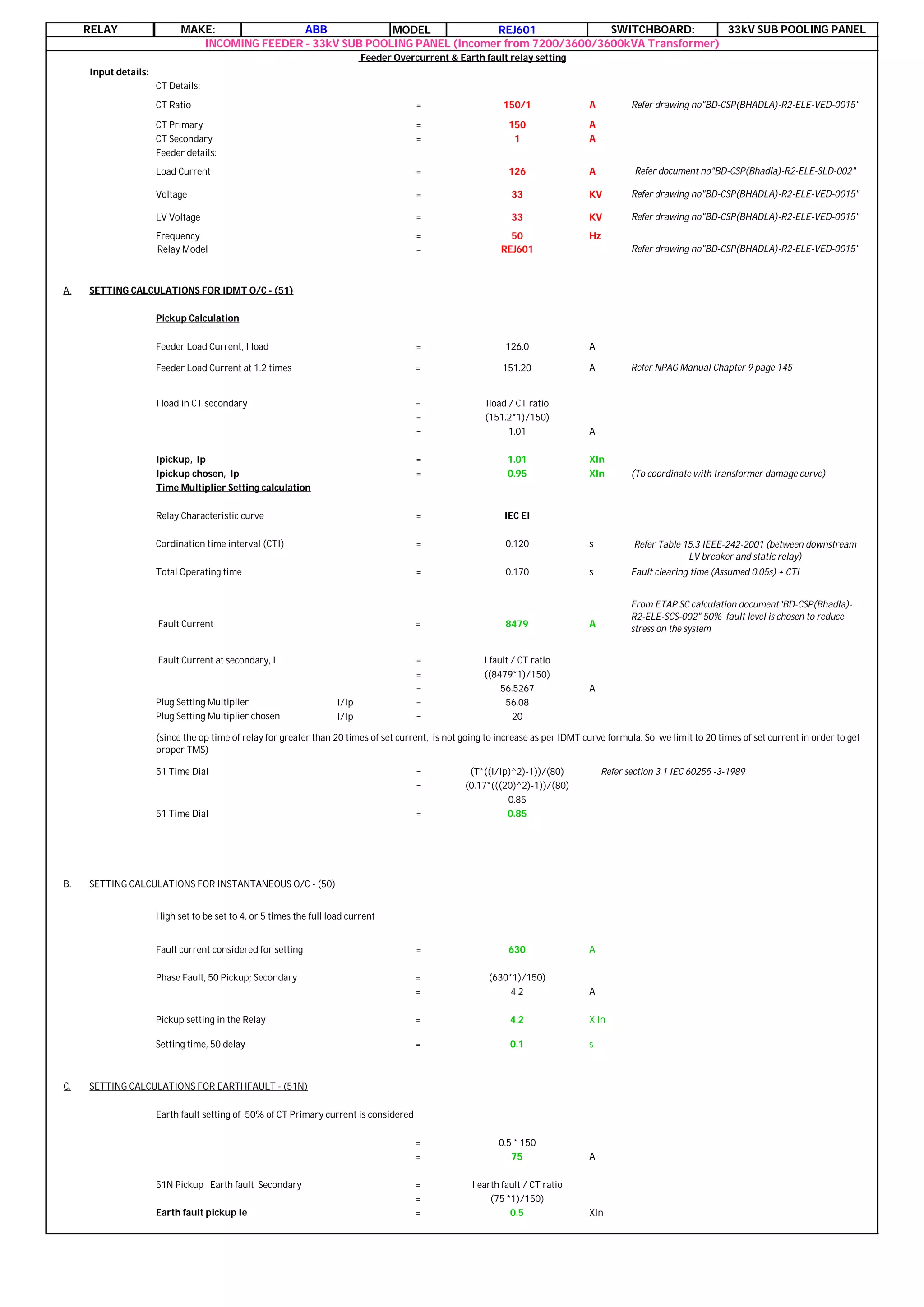 Relay Setting Calculation For REF615/ REJ601 | PDF