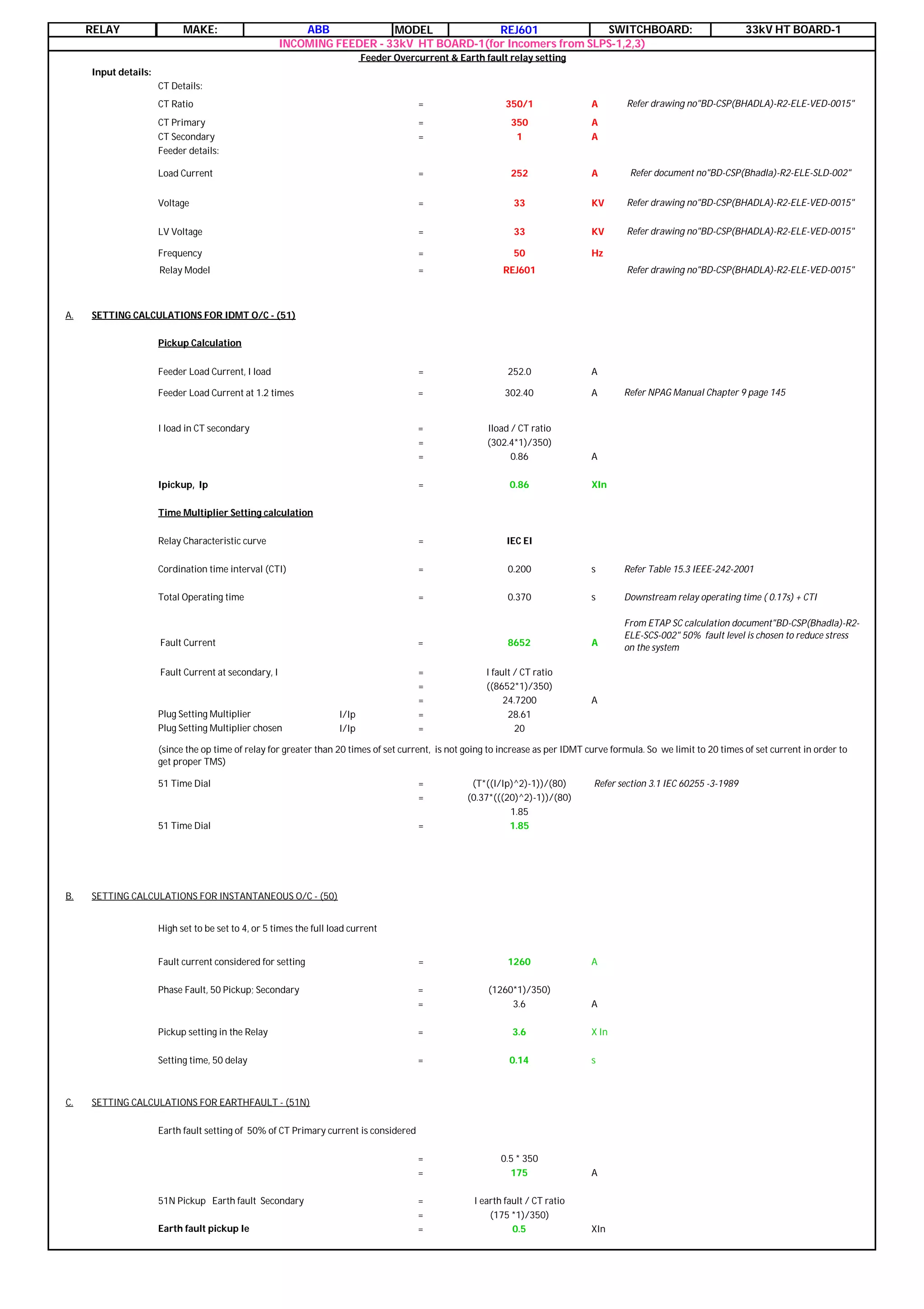 Relay Setting Calculation For REF615/ REJ601 | PDF