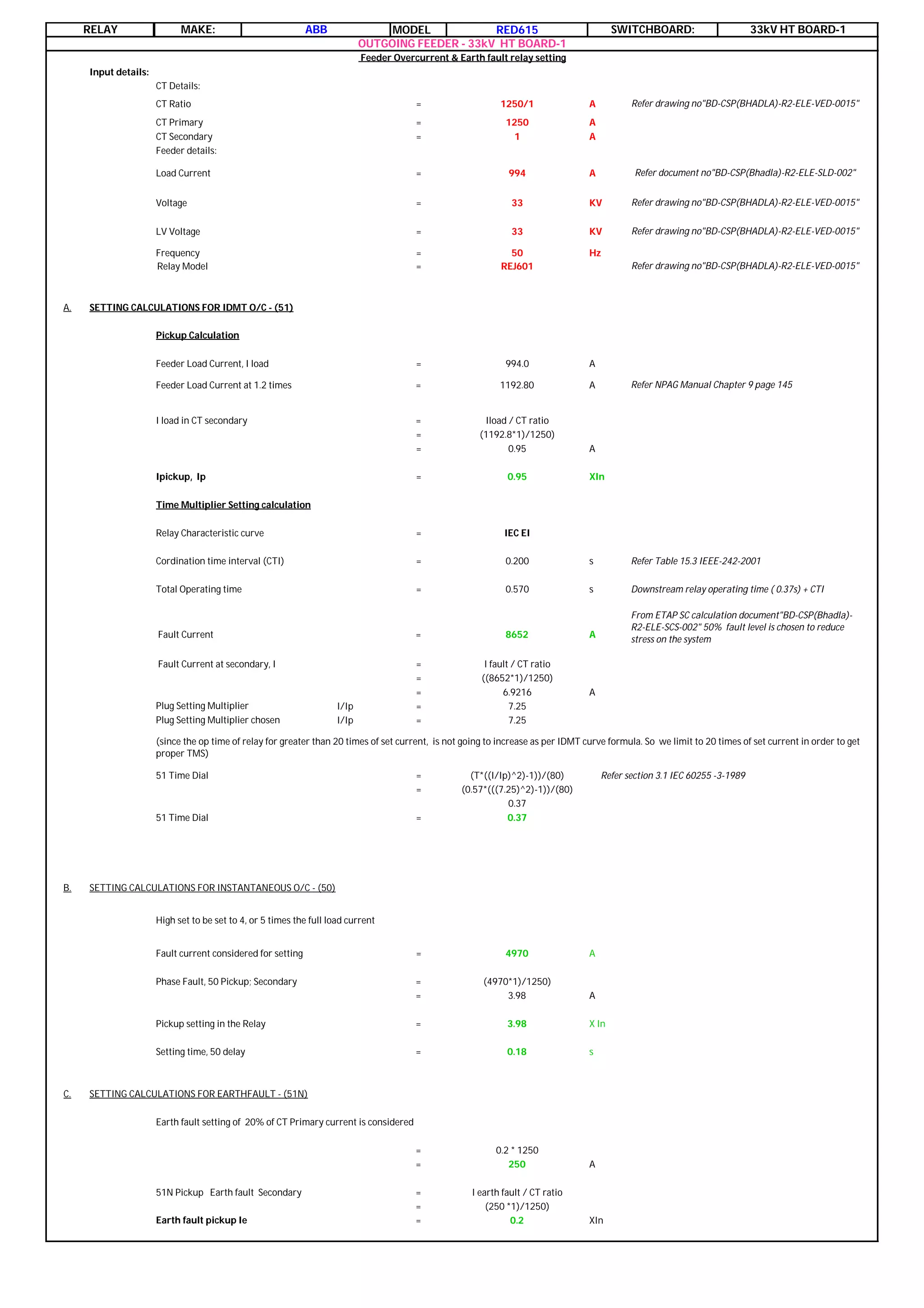 Relay Setting Calculation For REF615/ REJ601 | PDF