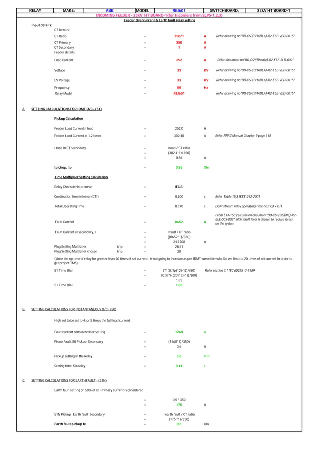 Relay Setting Calculation For REF615/ REJ601 | PDF