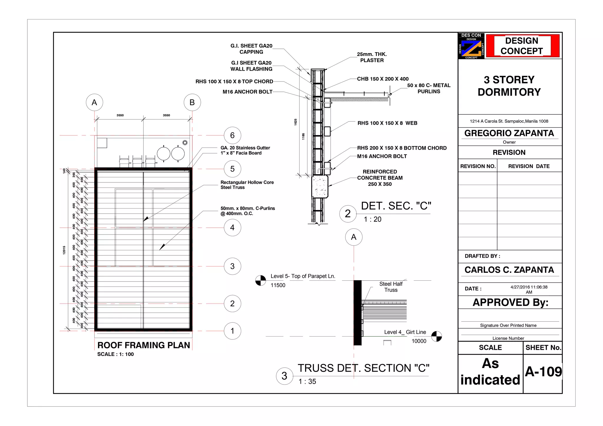 1214 A Carola - Sheet - A-109 - ROOF FRAMING PLAN | PDF