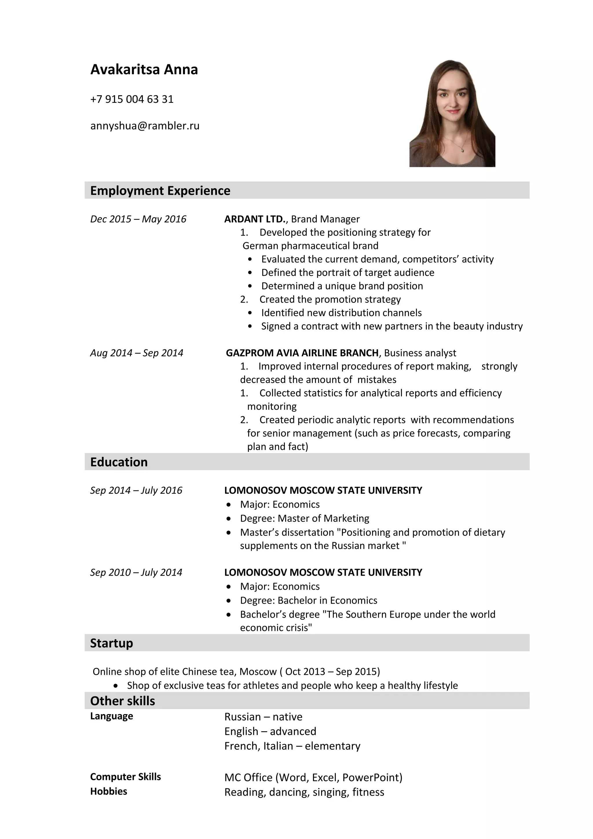 Avakaritsa Anna CV 2016 | PDF