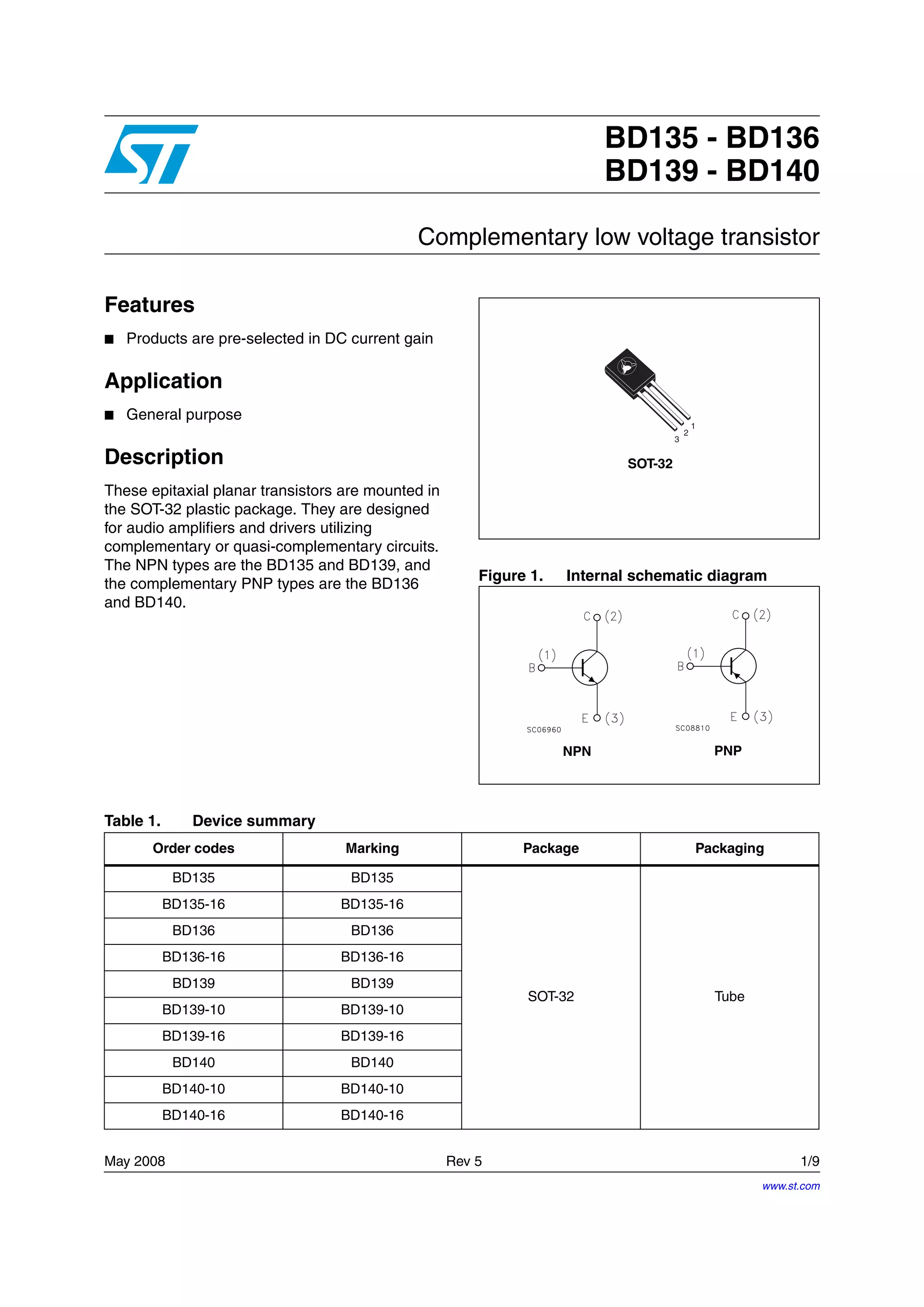 Original NPN Transistor BD135 135 TO-225 New STMicroelectronics | PDF