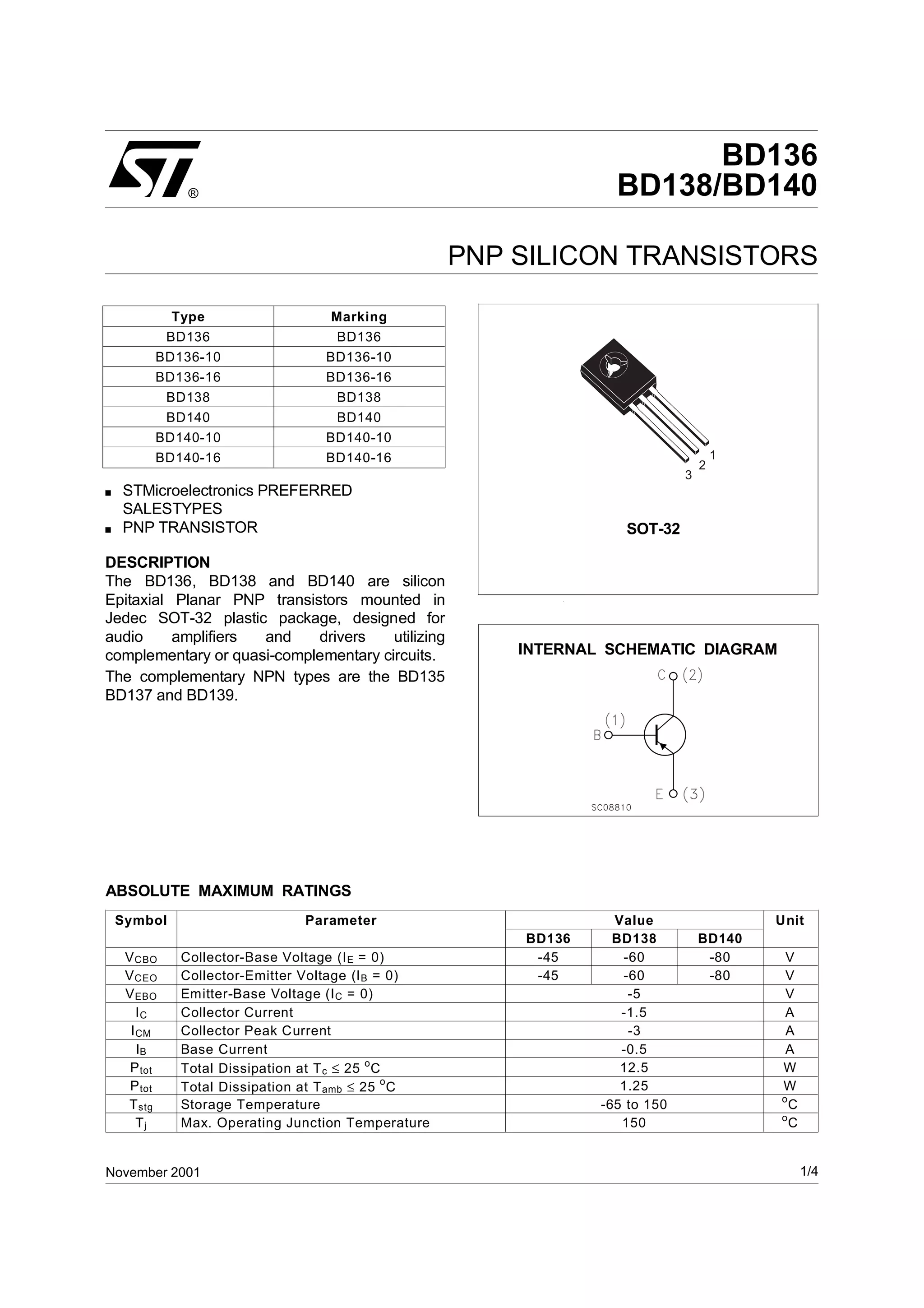 Original Pnp Transistor Bd136 136 To 225 New Stmicroelectronics Pdf