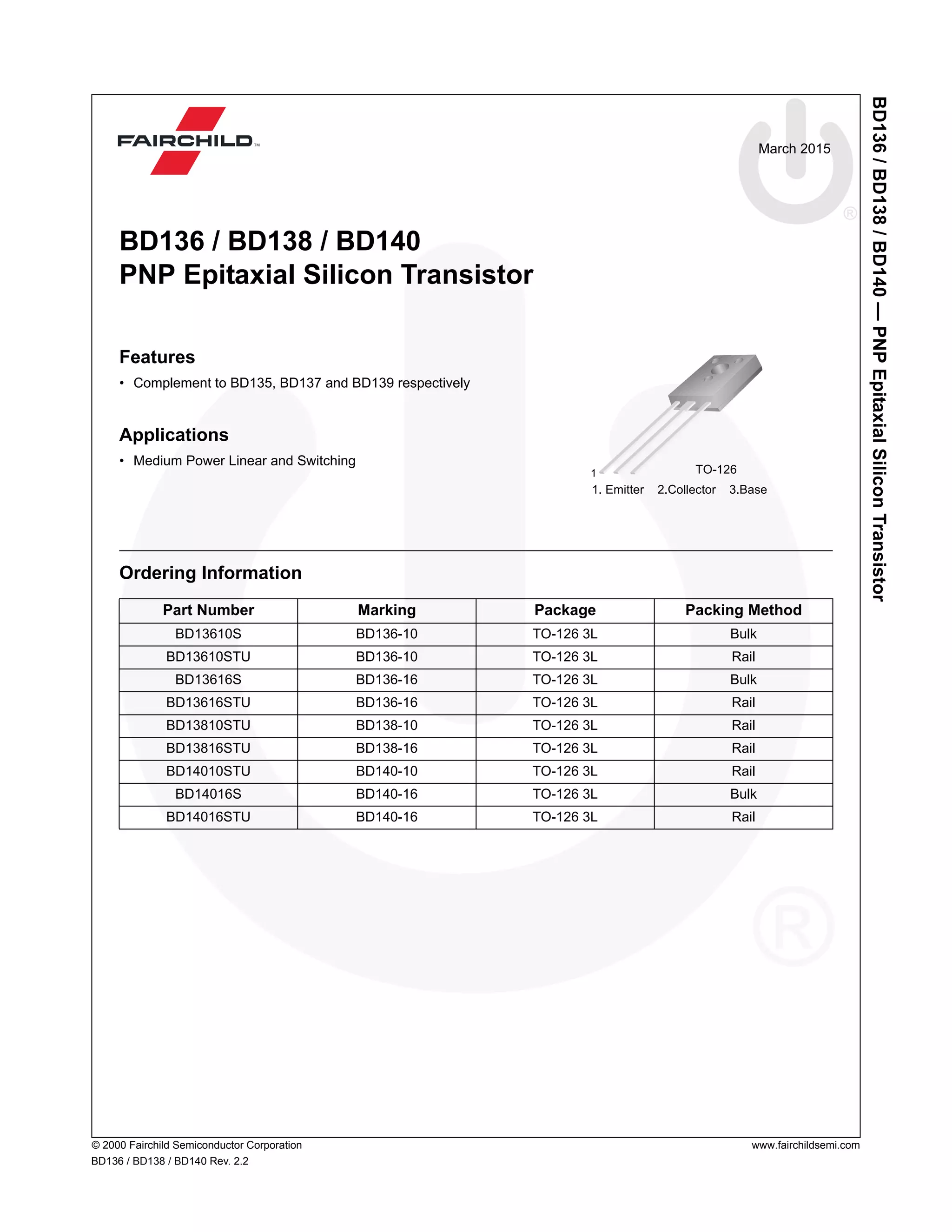 Original Transistor PNP BD140 1.5A 80V TO-126 New | PDF