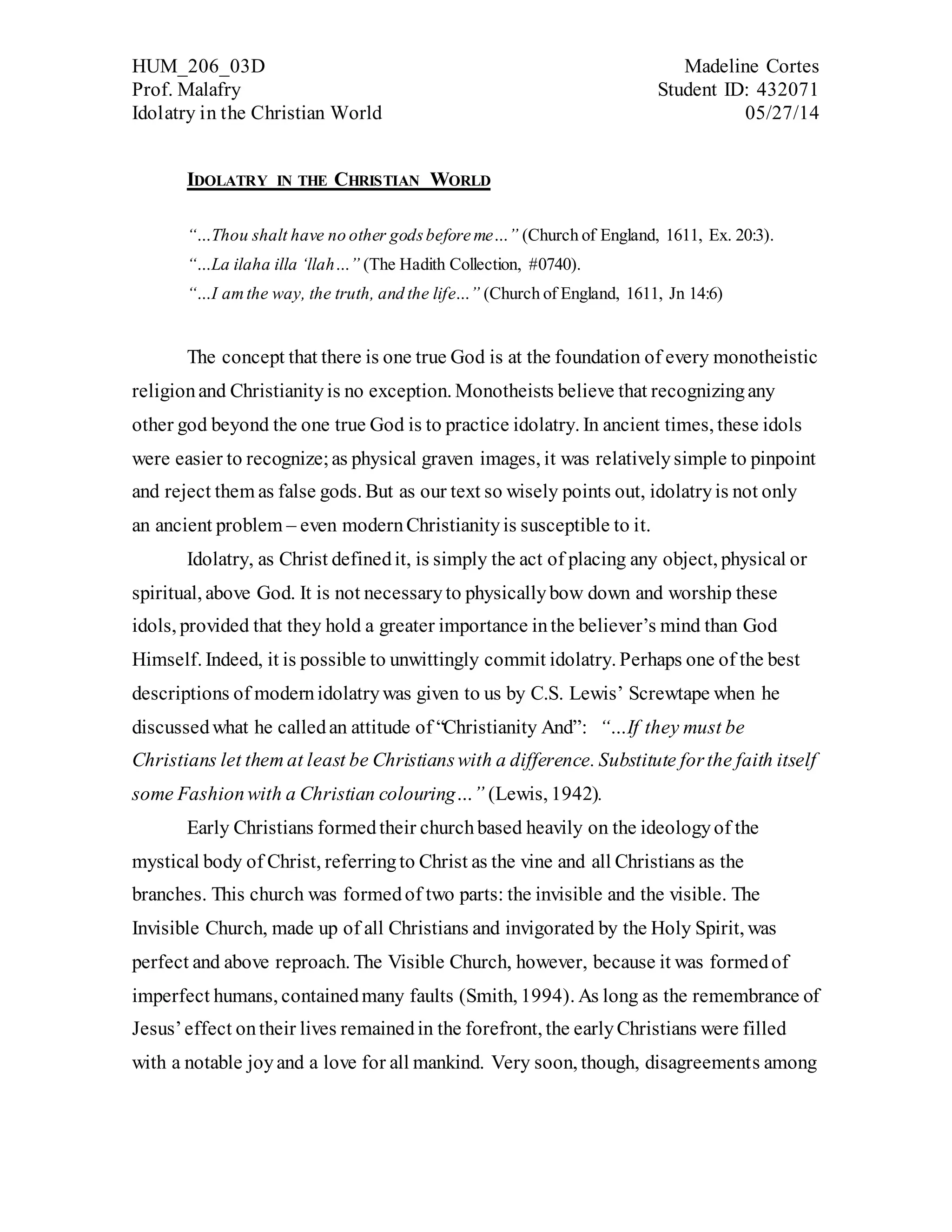 World Religions - Idolatry in the Christian World | DOCX
