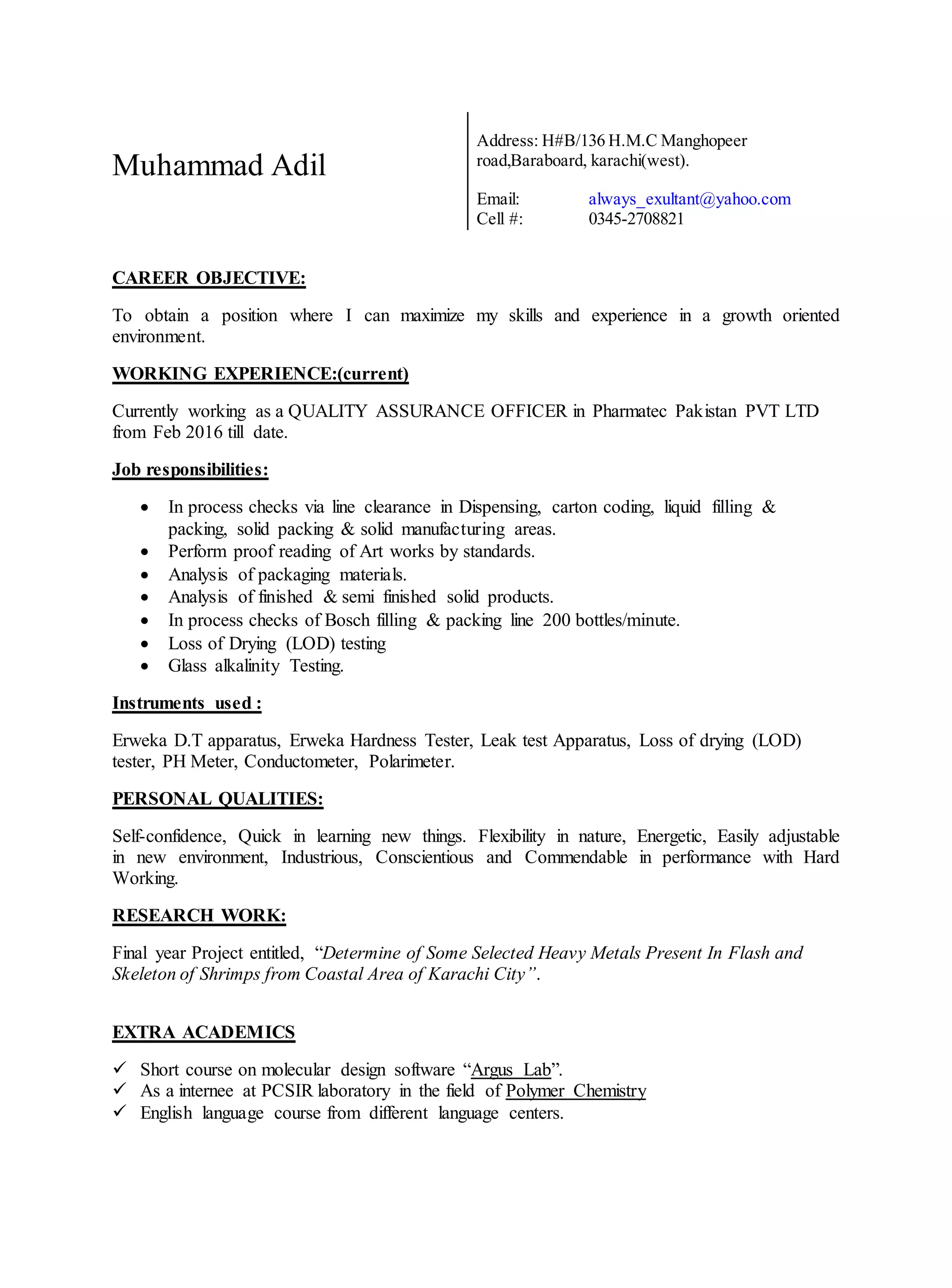 CV adil 2016 | DOCX | Chemistry | Science