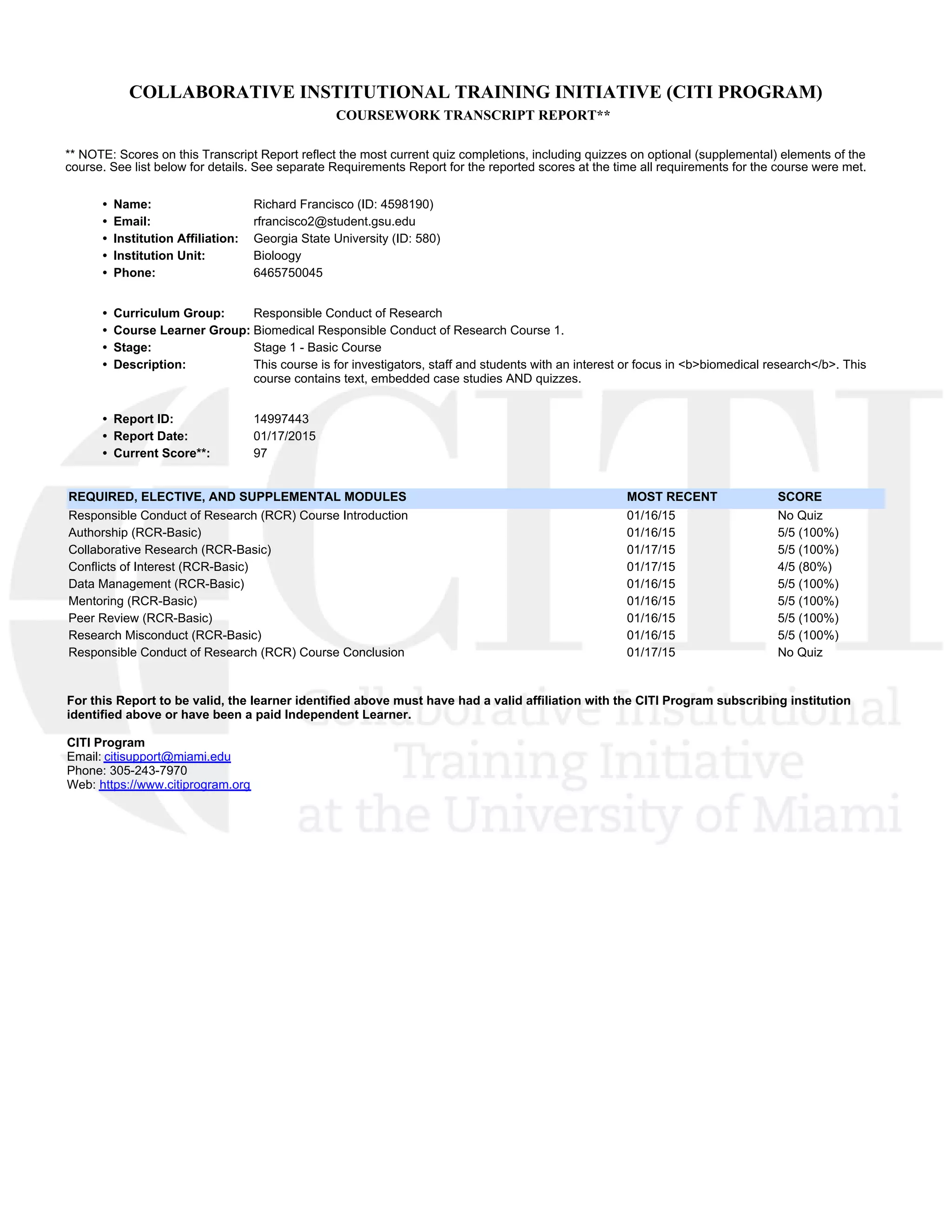 CITI - Basic Biomedical RCR - Richard Francisco - 2015 Spring | PDF