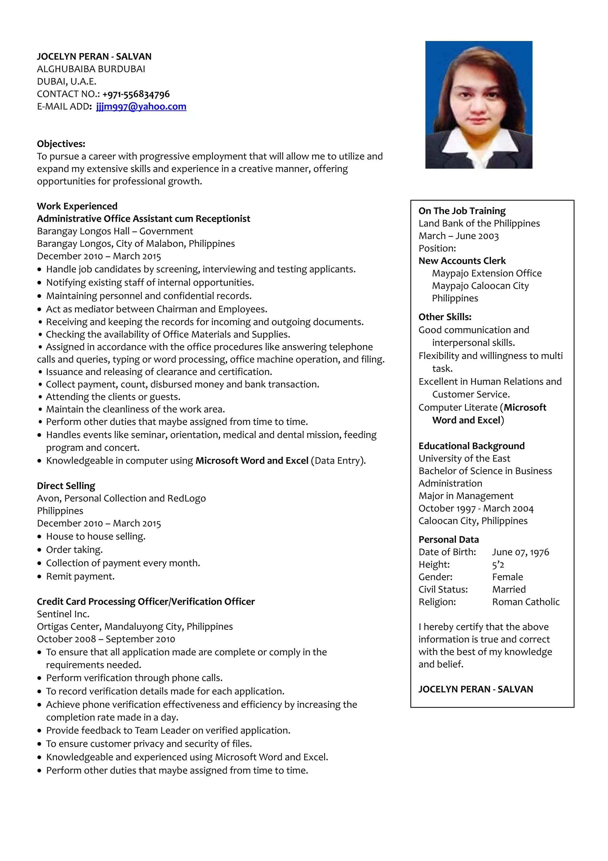 CV JOCELYN SALVAN OFFICE ASSISTANT CUM RECEPTIONIST | DOC | Career Advice | Careers