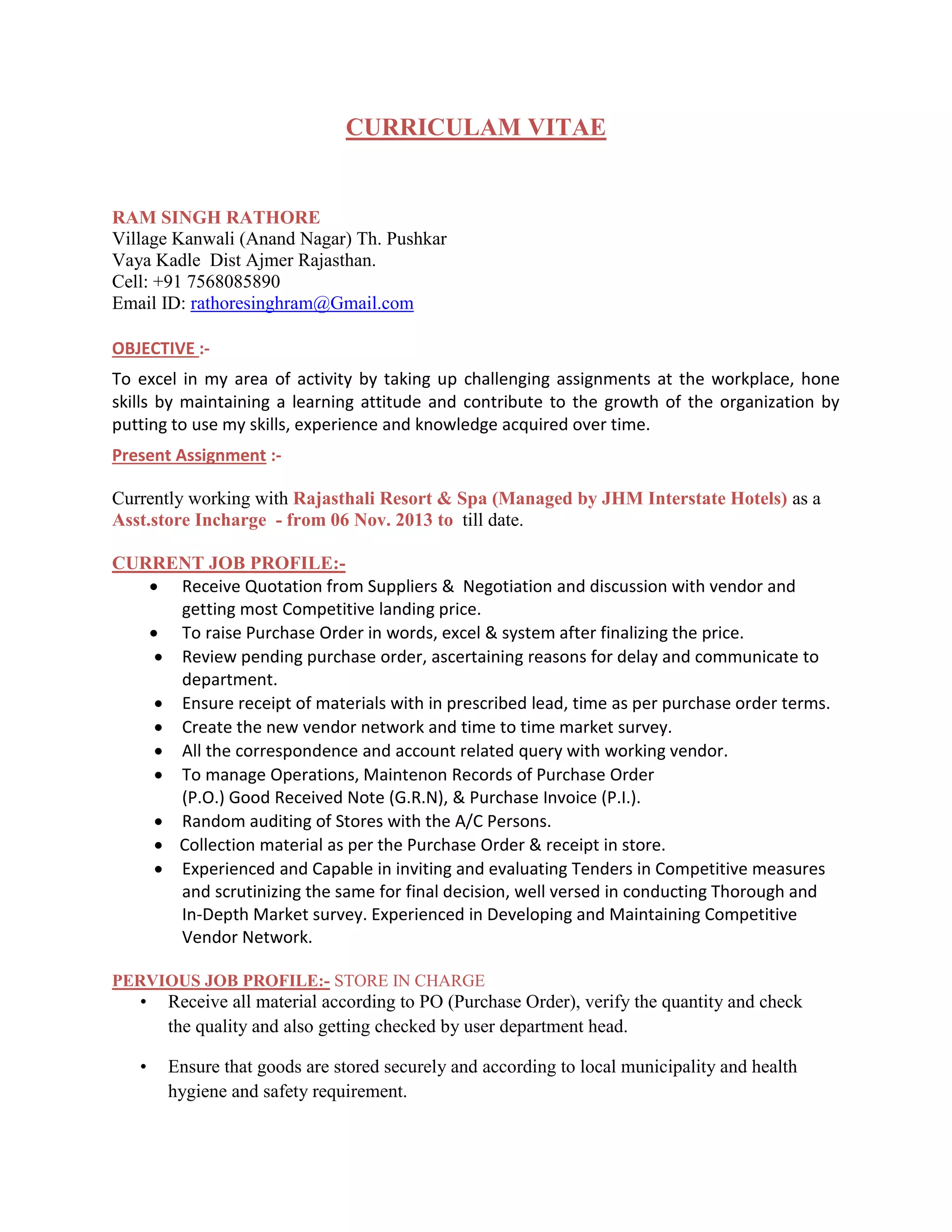 RAM SINGH RATHORE | DOCX | Logistics | Business