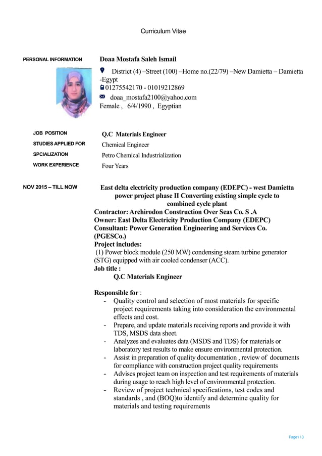 Eng. Doaa Mostafa Saleh CV | PDF