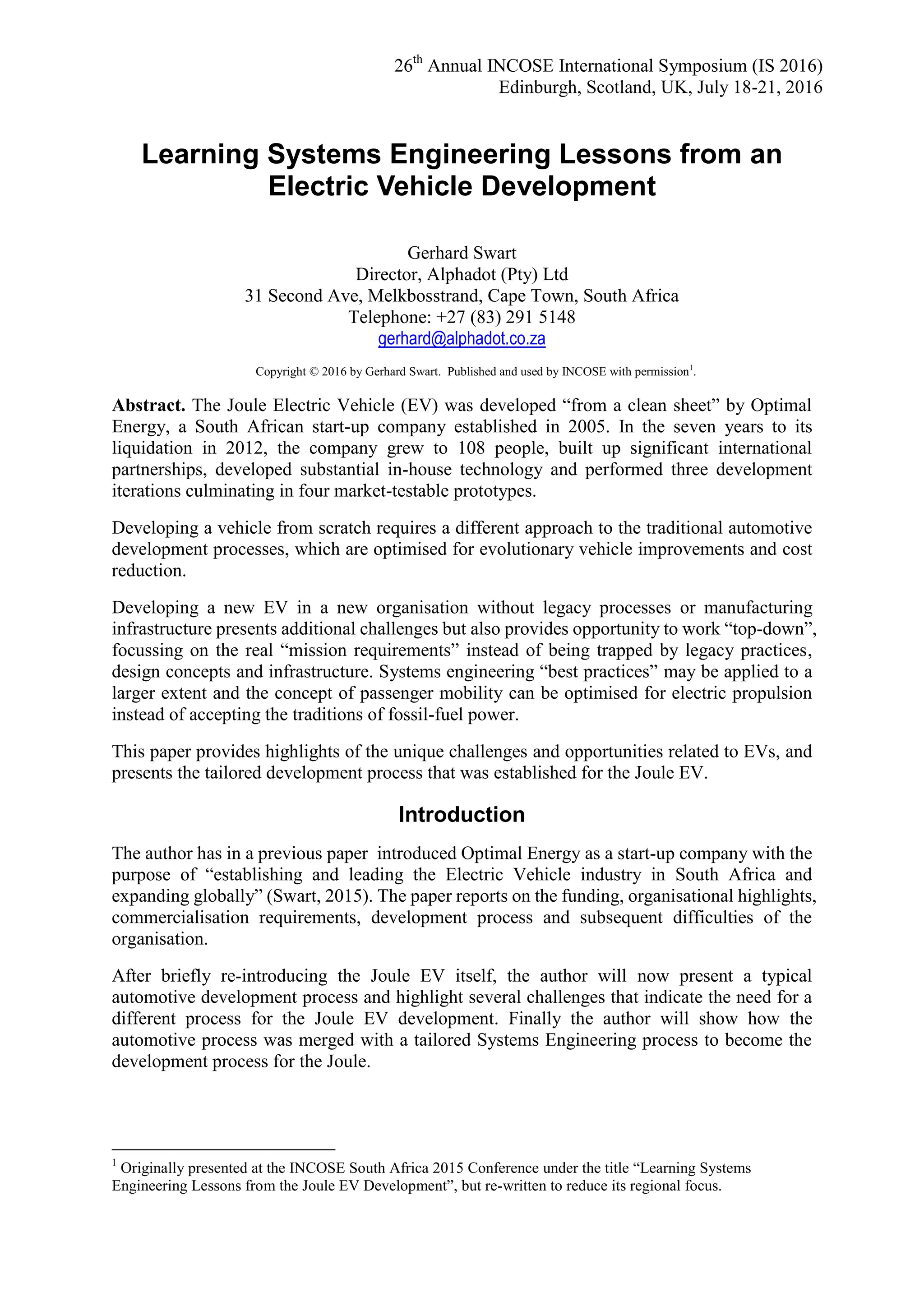 Learning Systems Engineering Lessons from an Electric Vehicle Development v1.1 | PDF