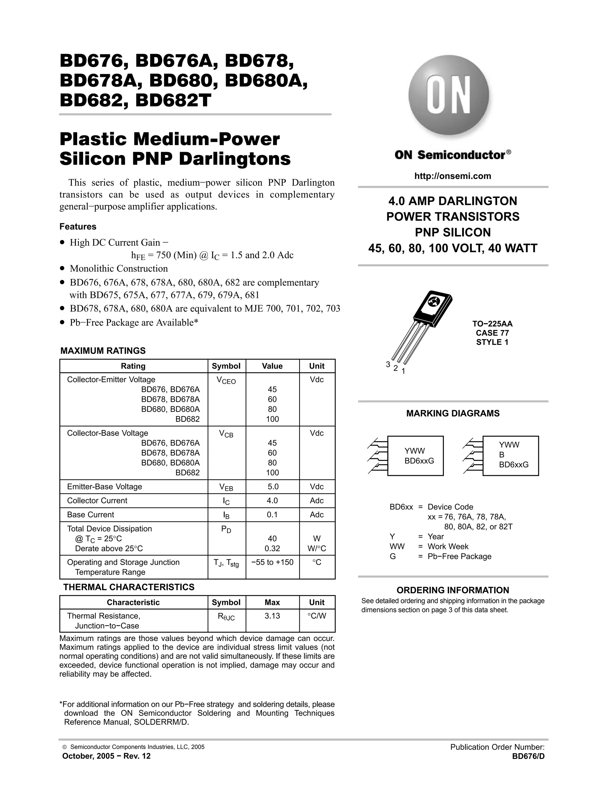 Original PNP Transistor BD682G BD682 682 4A 100V TO-225 New ON ...