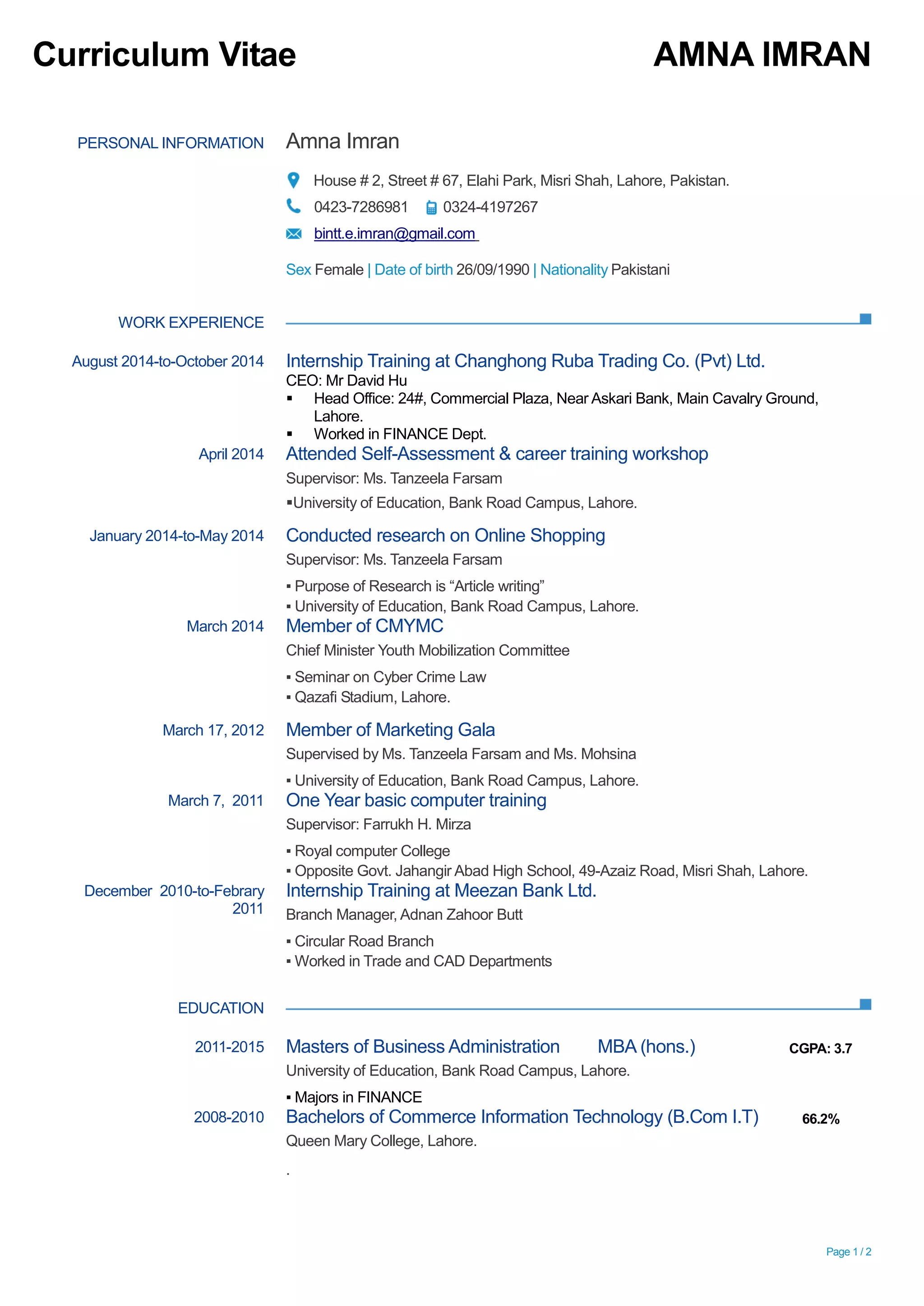 AMNA IMRAN CV - PDF | PDF