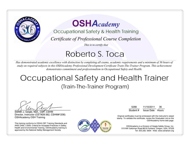 Occupational Safety and Health Trainer [Train-The-Trainer Program] | PPT