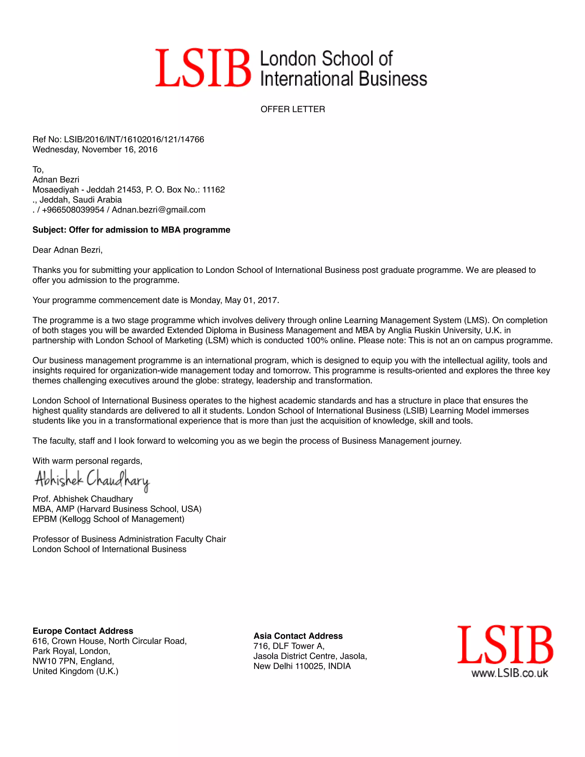 MBA Offer Letter & Payment Plan | PDF