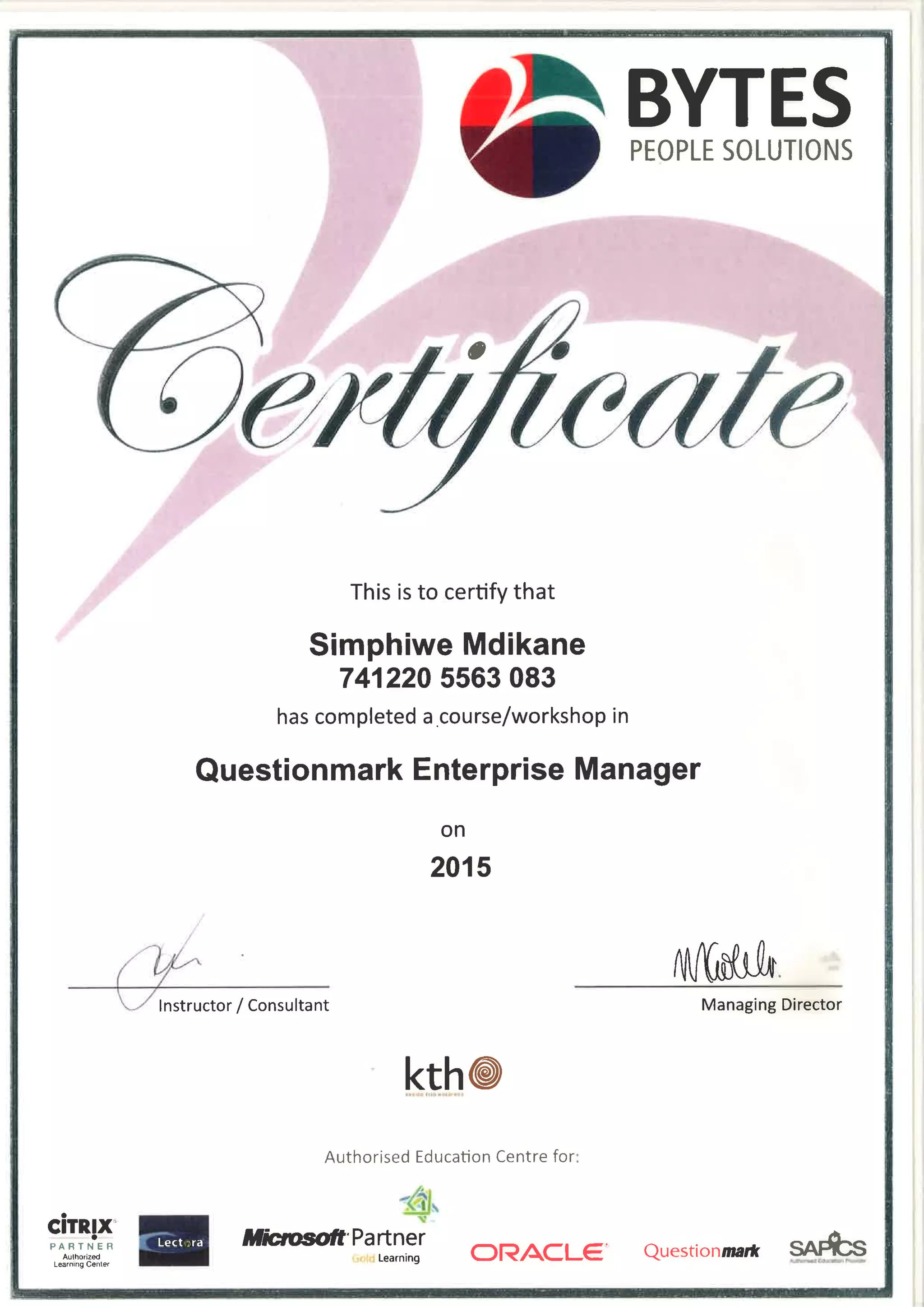 QuestionMark Enterprise Manager Certificate of attendance | PDF
