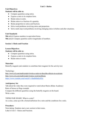 Intro to Unit 3 - Ratios, 6th grade Math | PDF