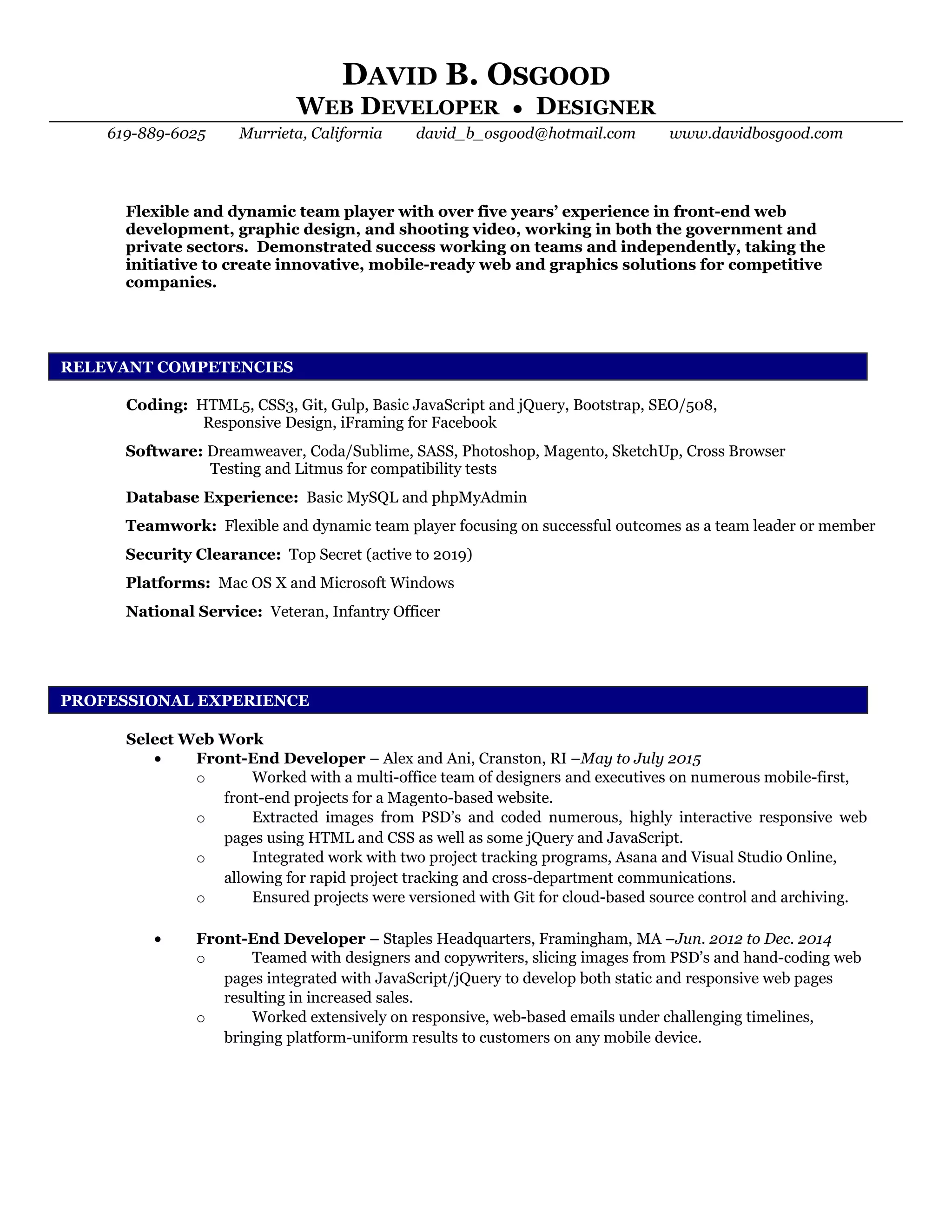 David B. Osgood - Web Developer and Graphic Designer with Top Secret ...