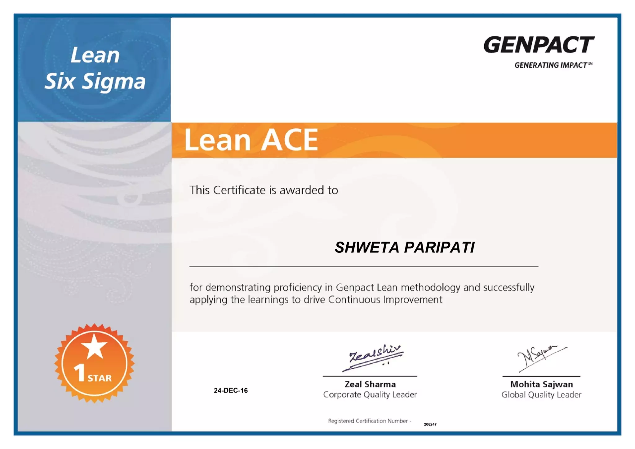 LEAN ACE CERTIFICATE 2016 | PDF