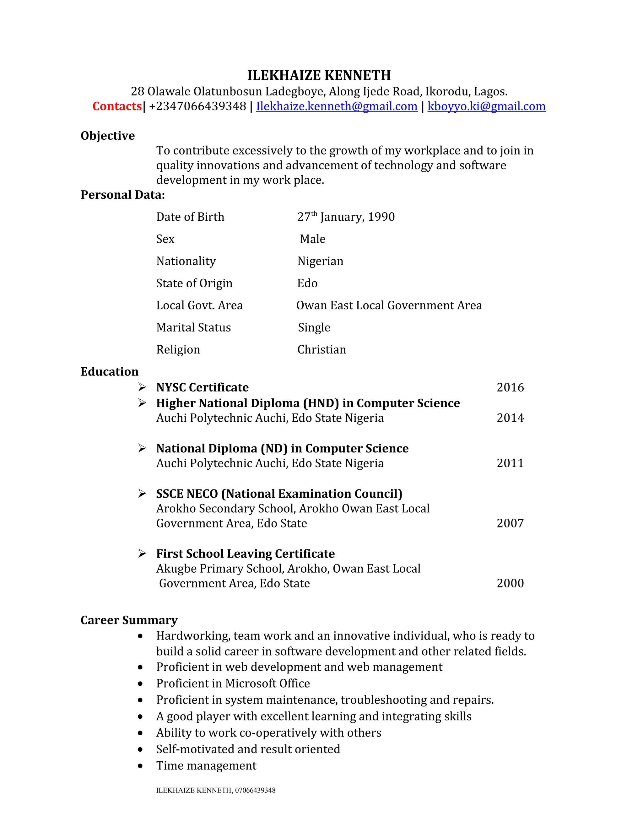 KENNETH'S cV | PDF