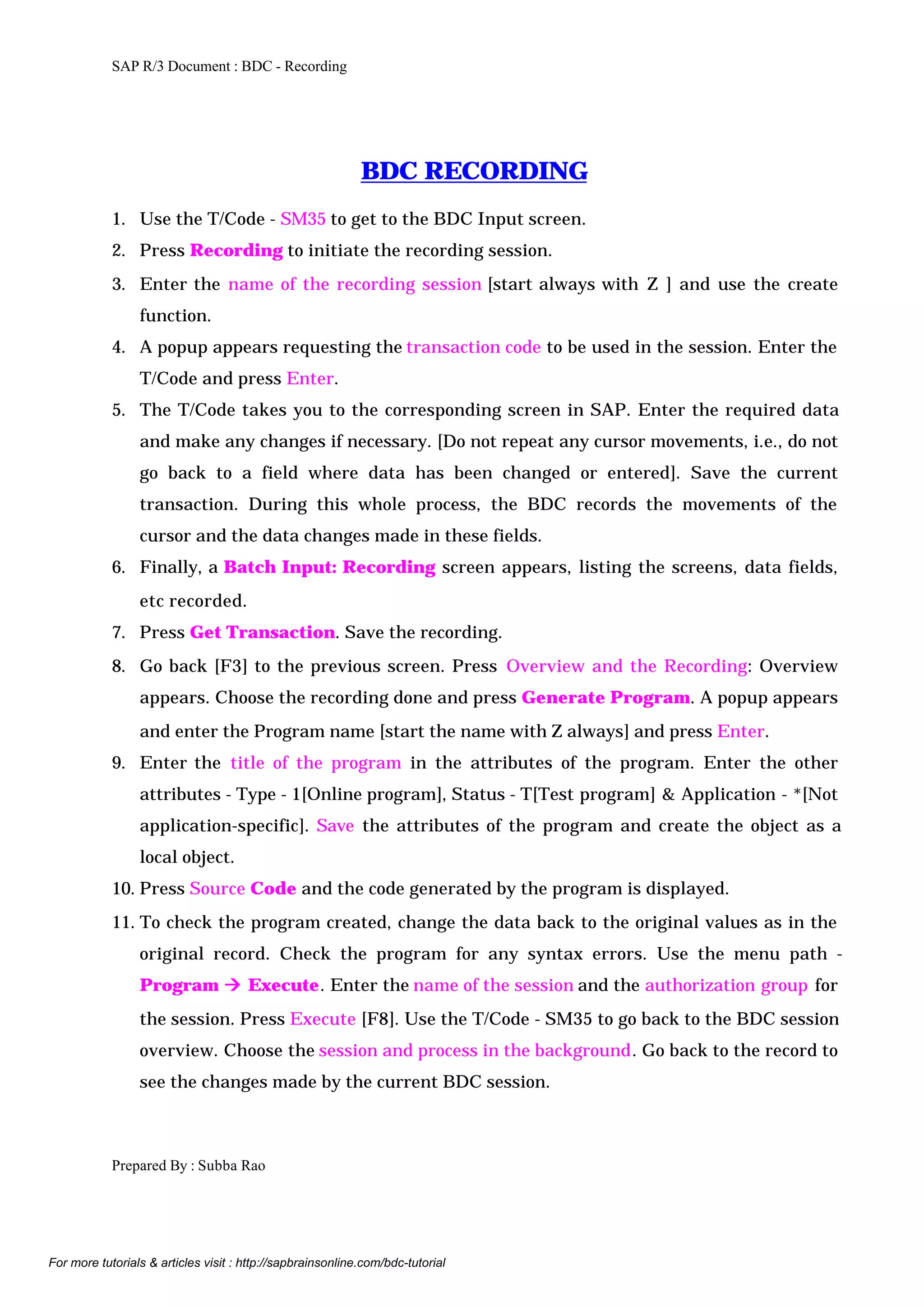 Recording steps in SAP BDC | PDF