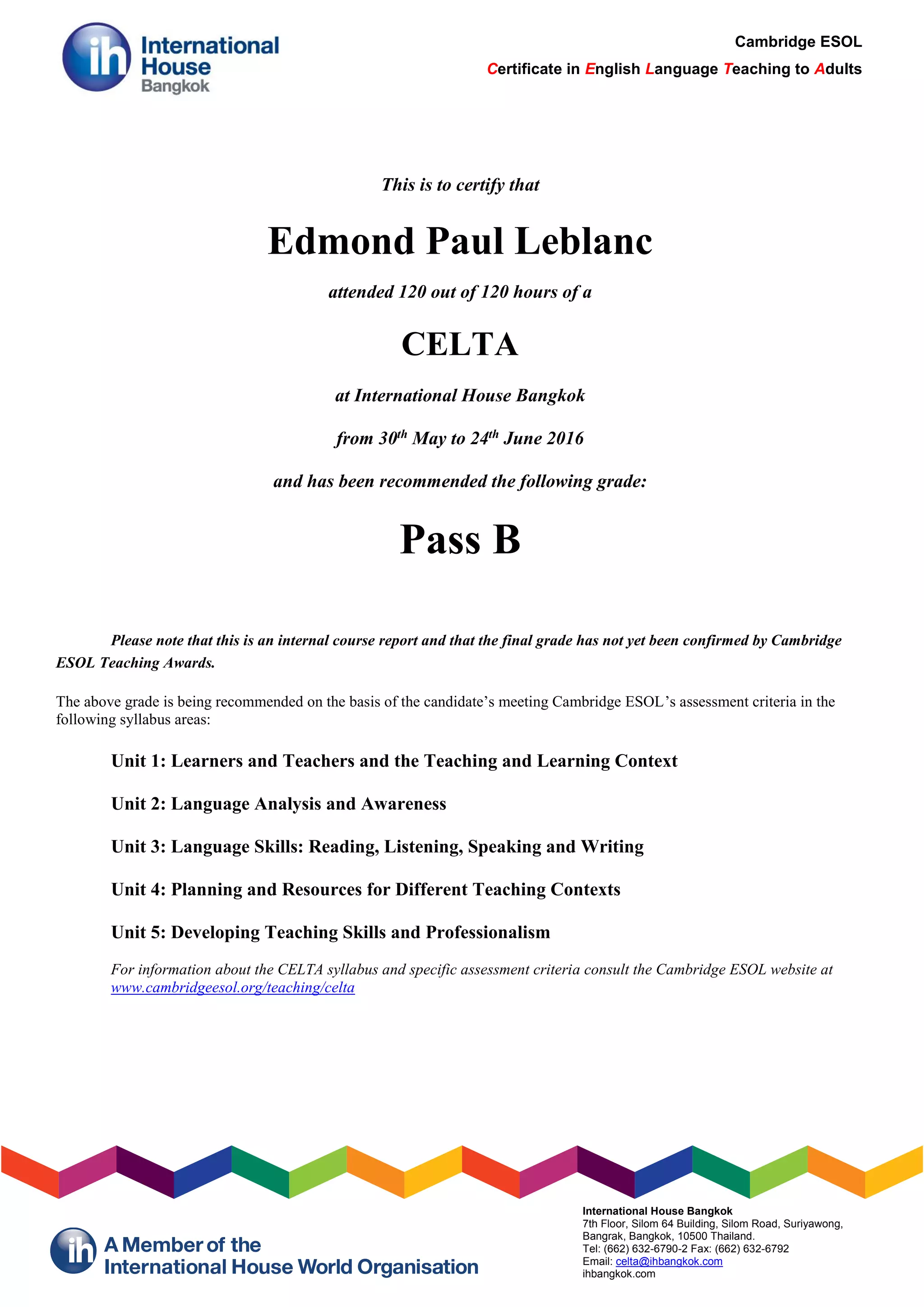 CELTA Report June 2016 - Edmond Leblanc | PDF