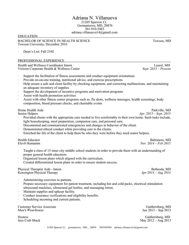 Adriana's Resume 2 revised | DOC | Physical Therapy | Wellness