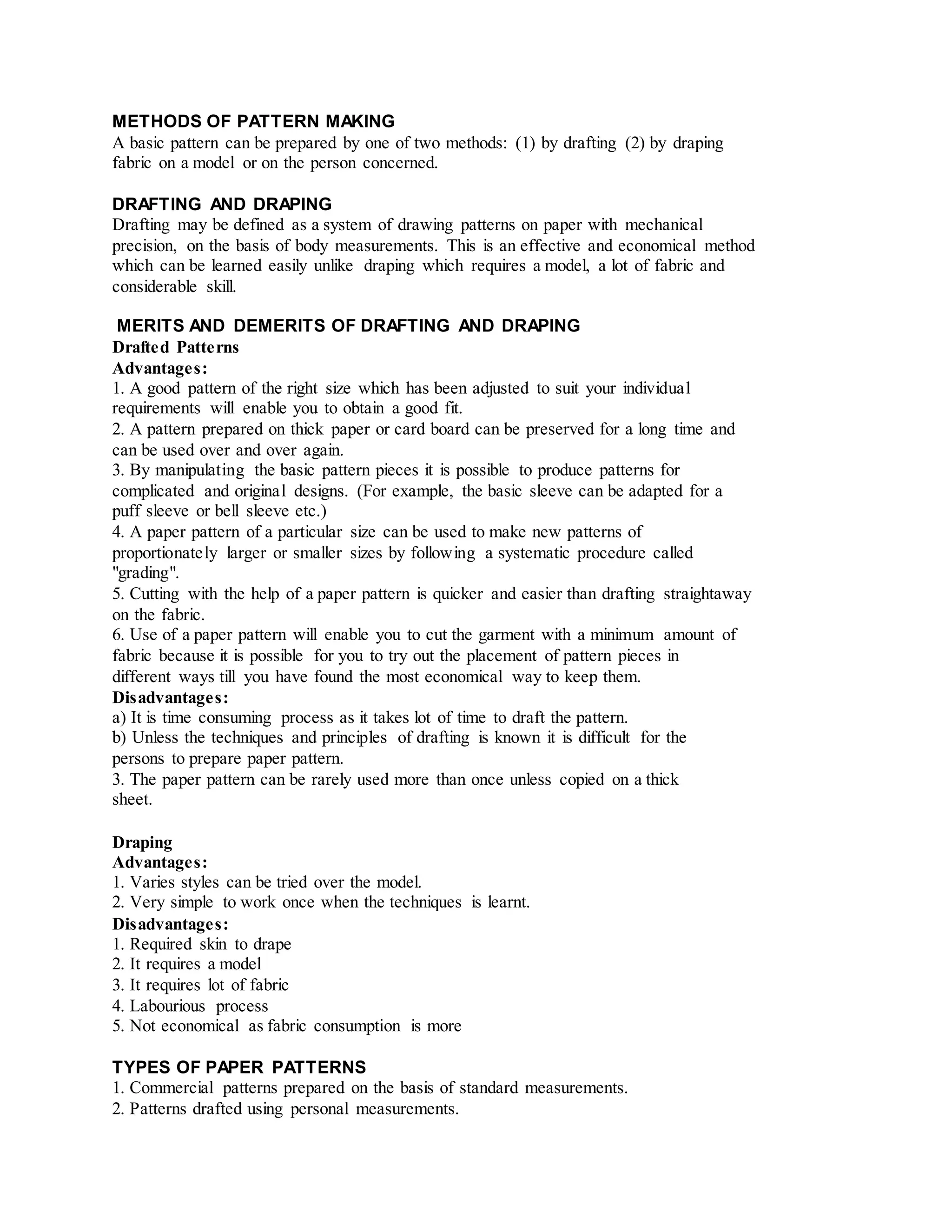 Bdft ii, d& pm, unit-i, patter making process | DOCX