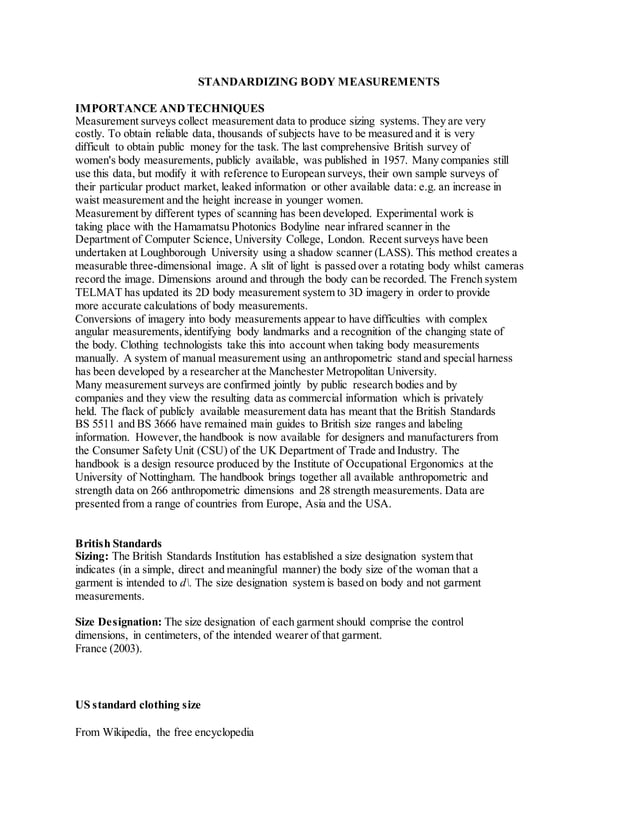 Bdft ii, drafting & pattern making, unit-i, standard measurement | DOCX