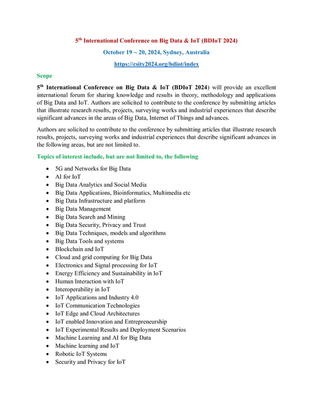 Call for Papers - 5th International Conference on Big Data & IoT (BDIoT 2024) | PDF