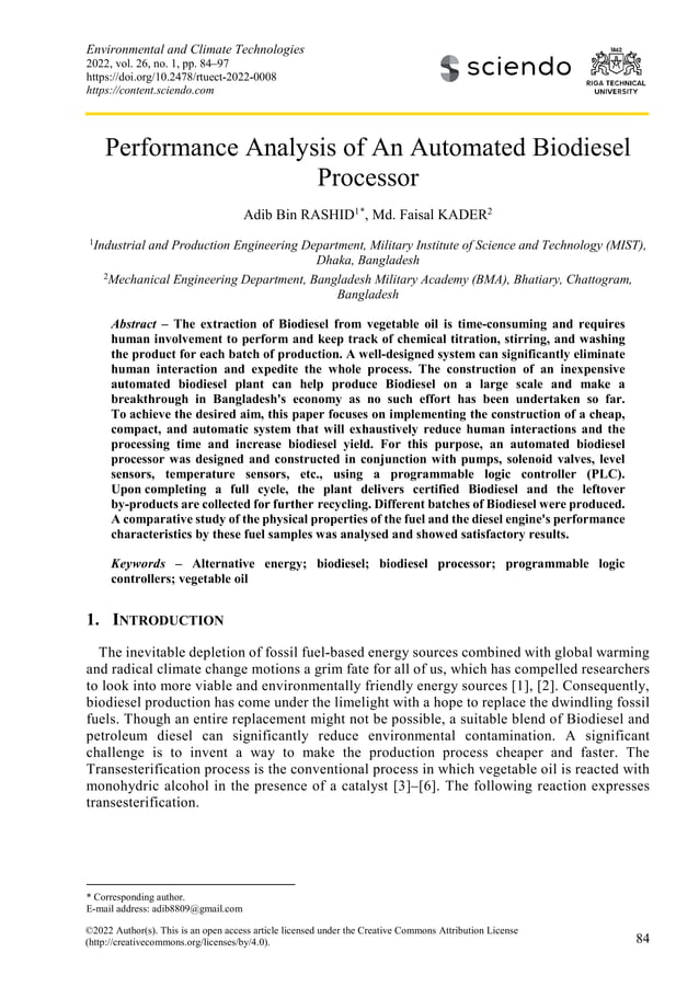 Performance Analysis of An Automated Biodiesel Processor | PDF