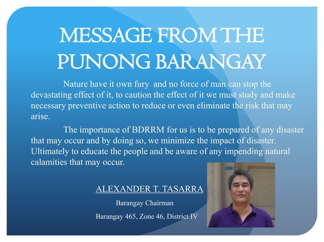 The Barangay Disaster Risk Reduction Management Plan | PPTX | Disasters