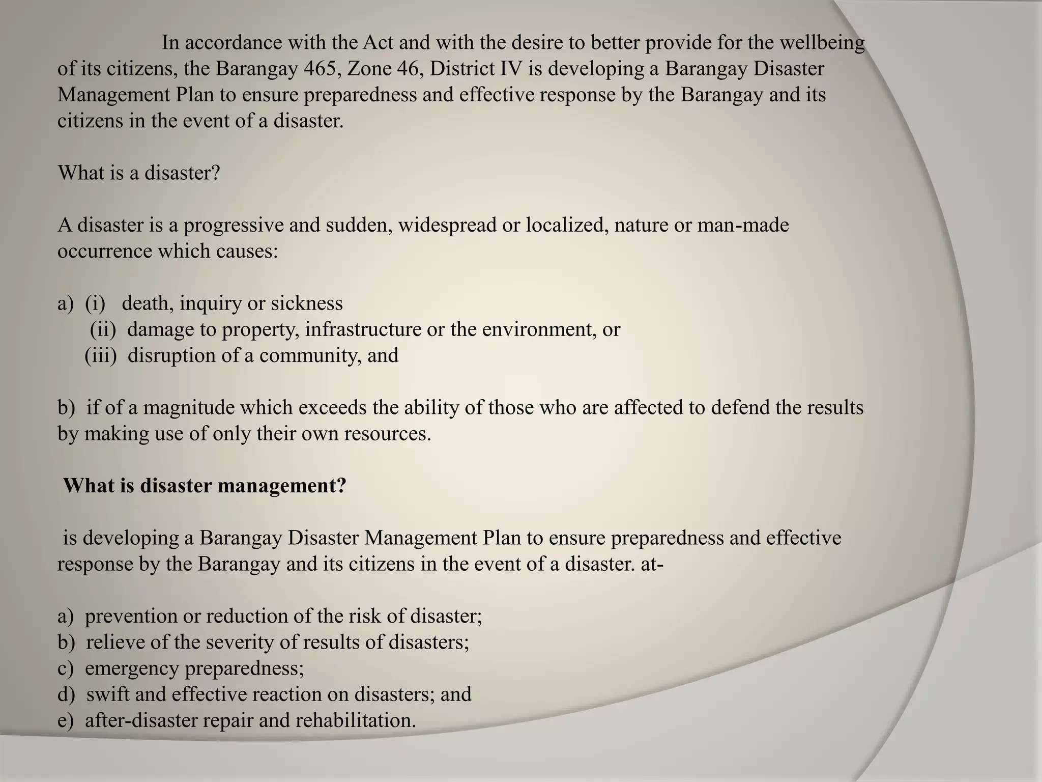 Barangay 465 Disaster Risk Reduction Management Plan | PPTX