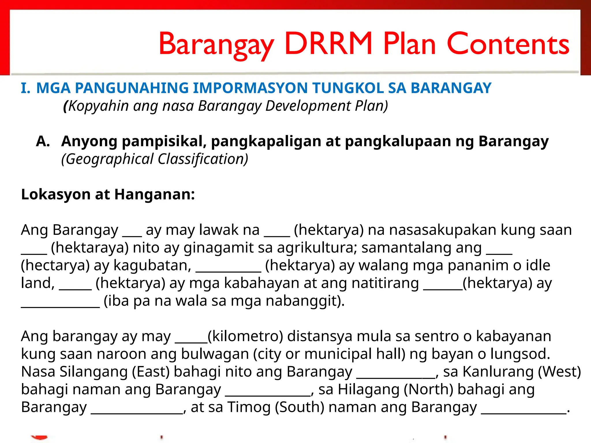 BARANGAY DISASTER RISK REDUCTION AND MANAGEMENT PLAN TEMPLATE | PPTX
