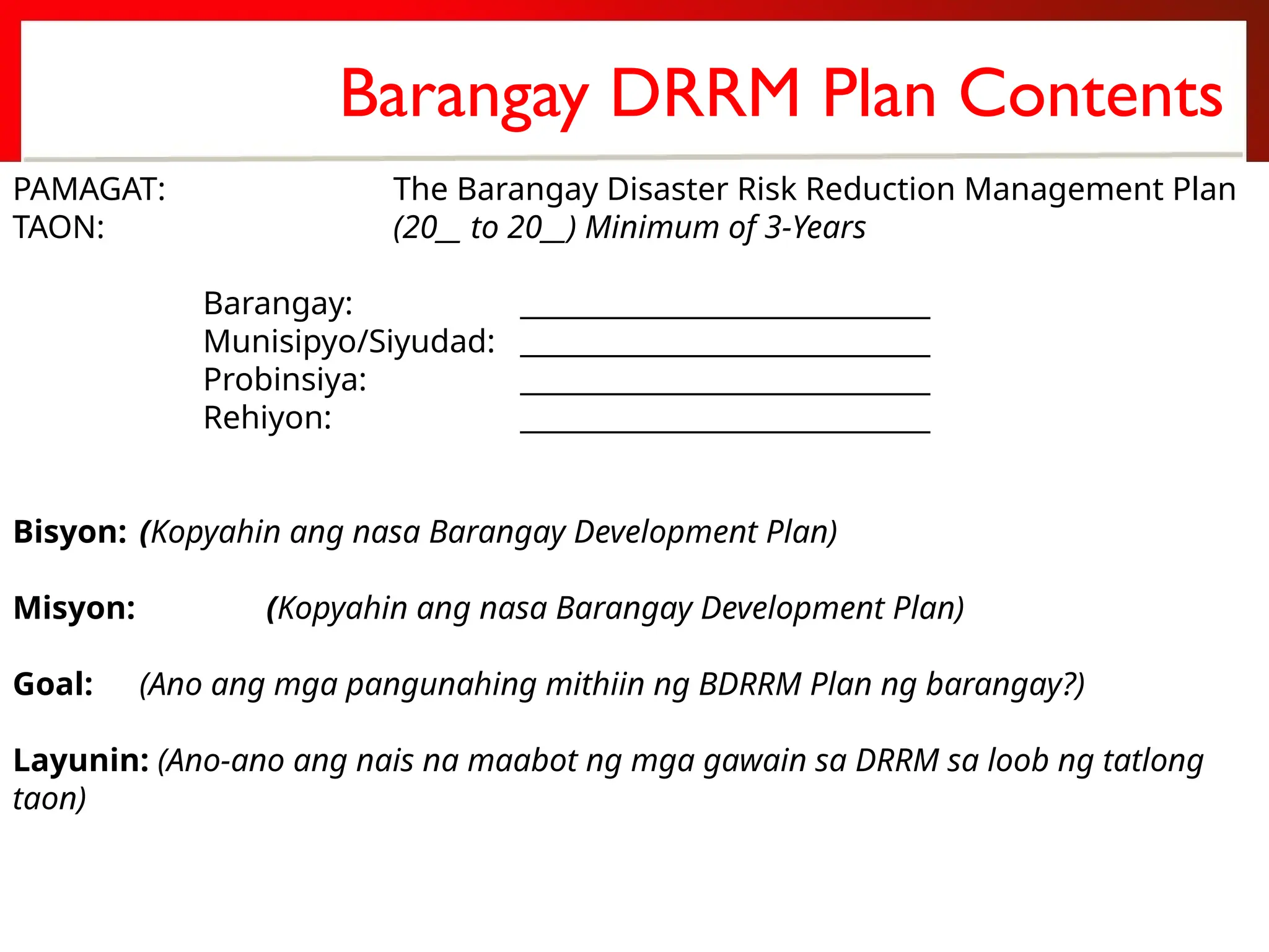 BARANGAY DISASTER RISK REDUCTION AND MANAGEMENT PLAN TEMPLATE | PPTX