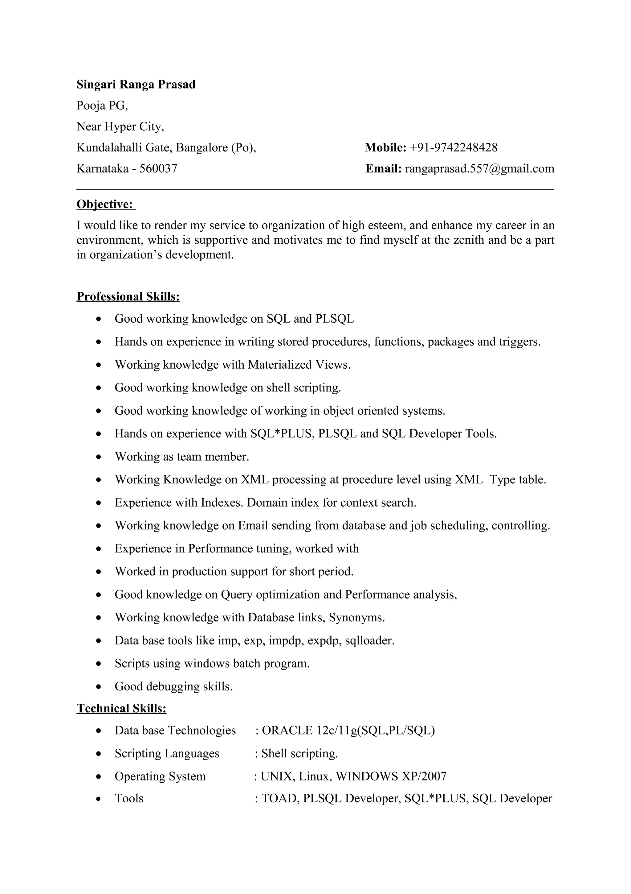 Resume_Ranga_Prasad_2.7Exp_Oracle SQL PLSQL | DOC | Databases | Computer Software and Applications