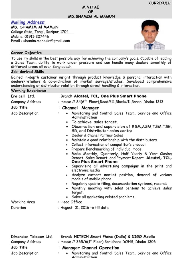 CV Of Shamim | DOC | Sales | Business