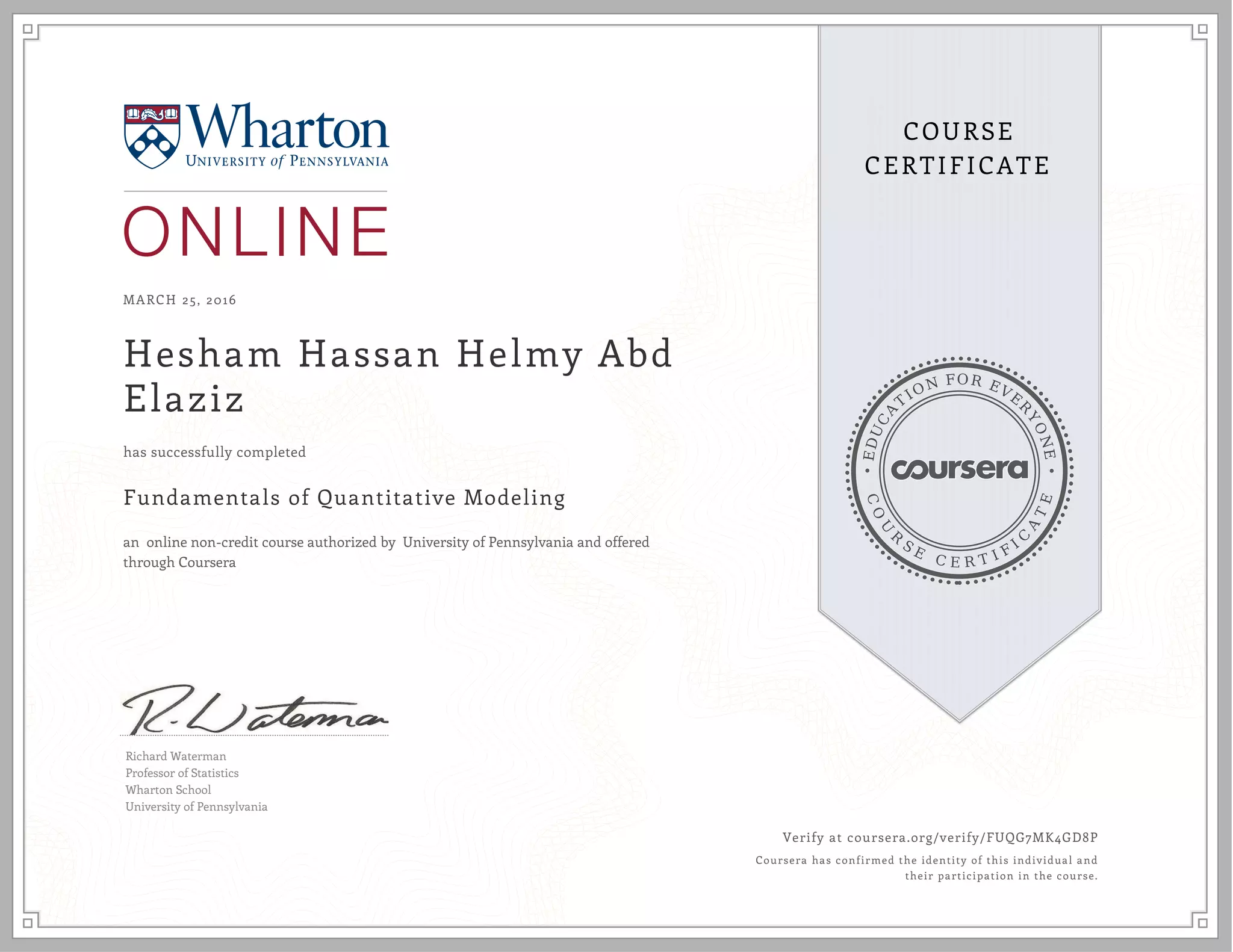 Profrssional Course Certificate - Wharton UNIVERSITY OF PENNSYLVANIA - Fundamentals of ...