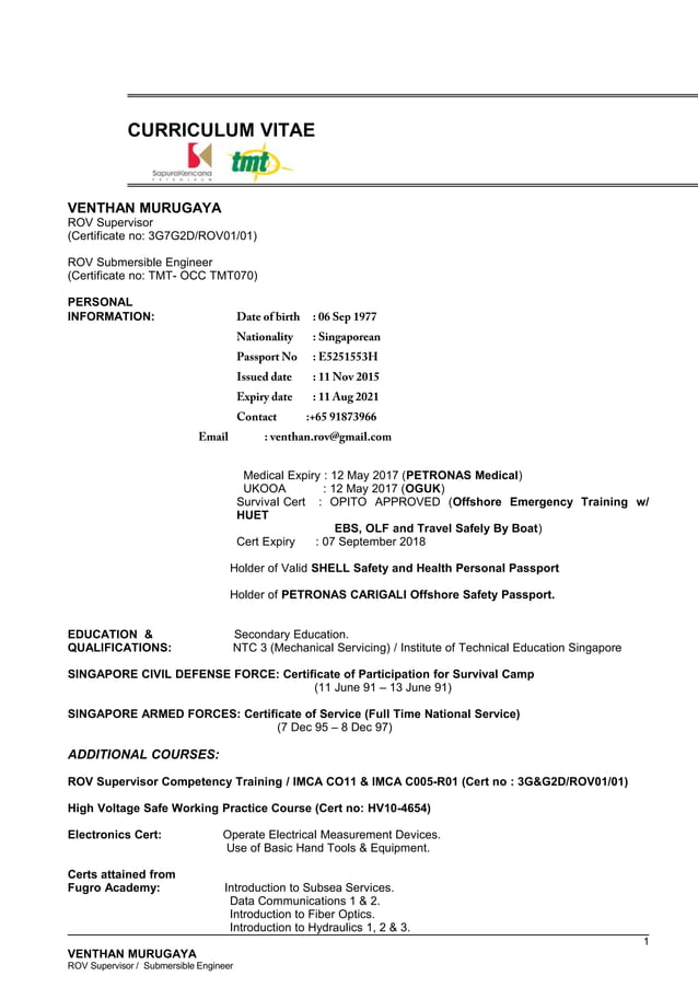 Venthan-Cv_Rov Supervisor - Submersible Engineer_TMT | DOC | Scuba Diving | Extreme Sports