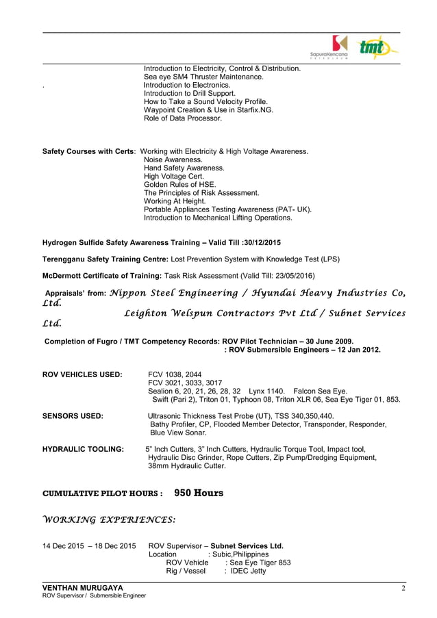 Venthan-Cv_Rov Supervisor - Submersible Engineer_TMT | DOC | Scuba Diving | Extreme Sports