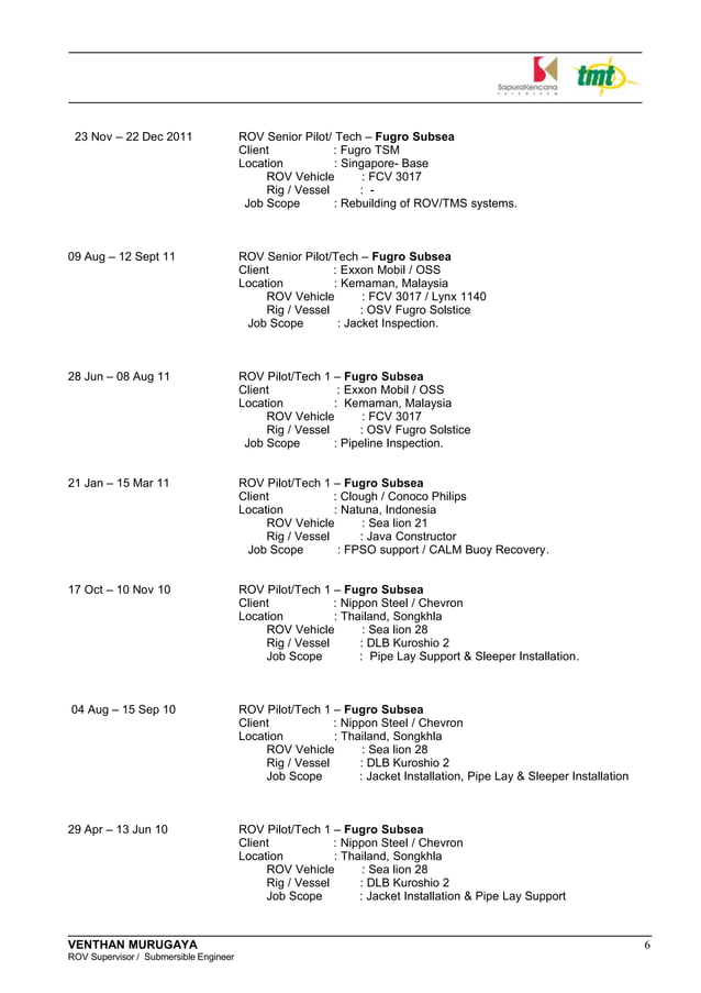 Venthan-Cv_Rov Supervisor - Submersible Engineer_TMT | DOC | Scuba Diving | Extreme Sports