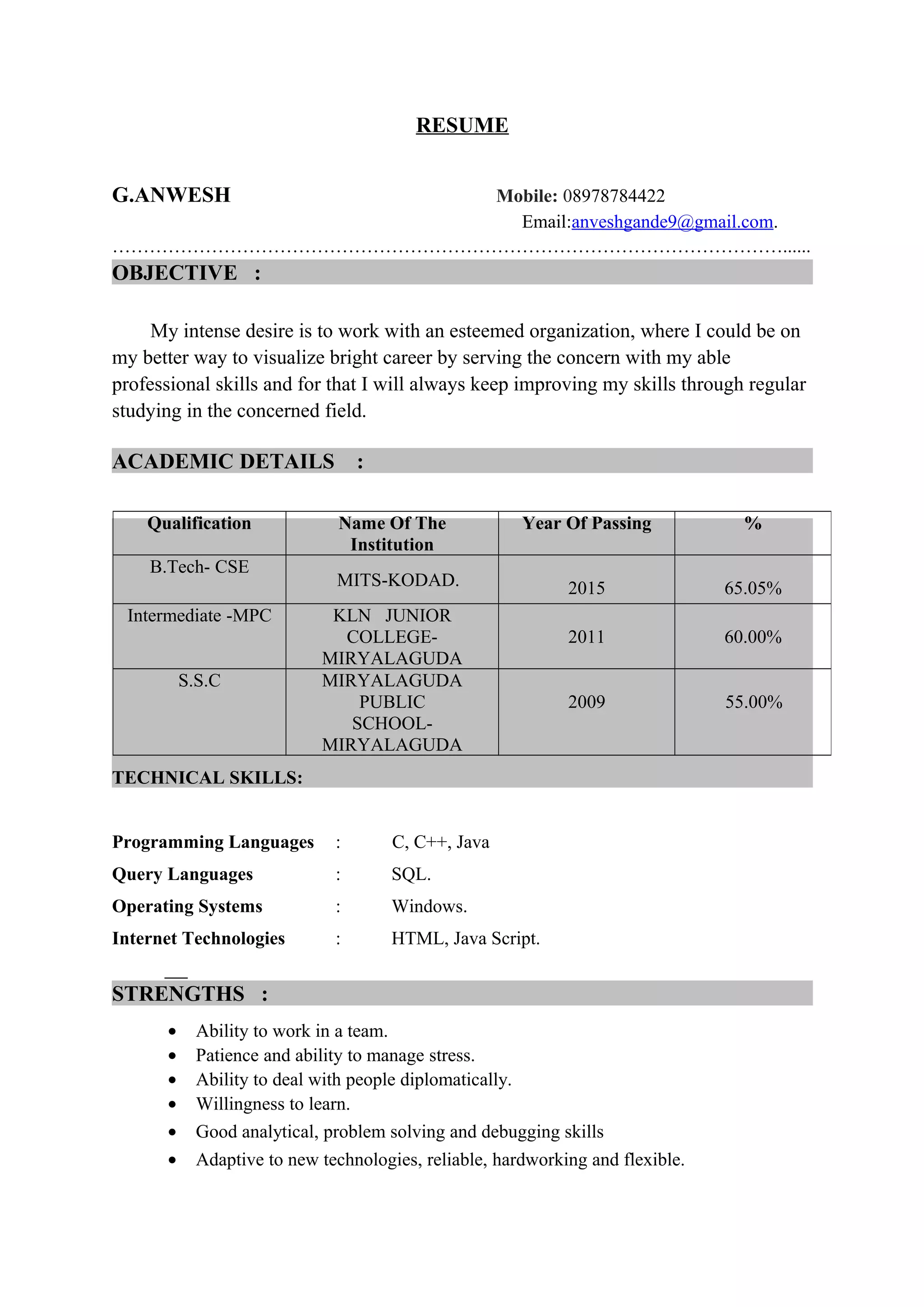 anvesh resume | DOC | Databases | Computer Software and Applications