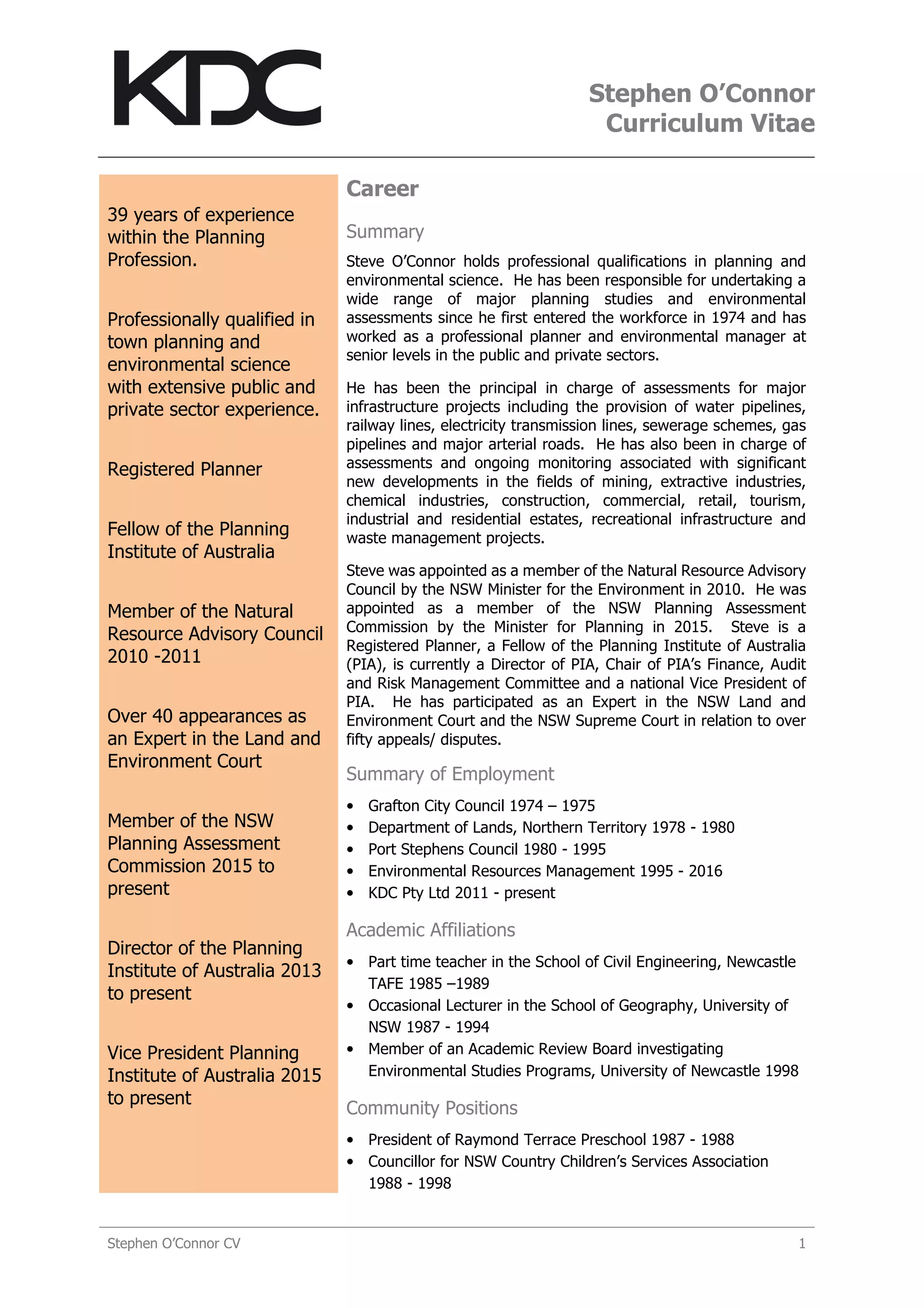 Stephen O'Connor - Curriculum Vitae - July 2016 | PDF
