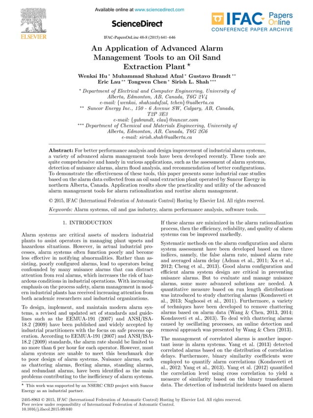 An Application of Advanced Alarm Management Tool to an Oil Sand ...