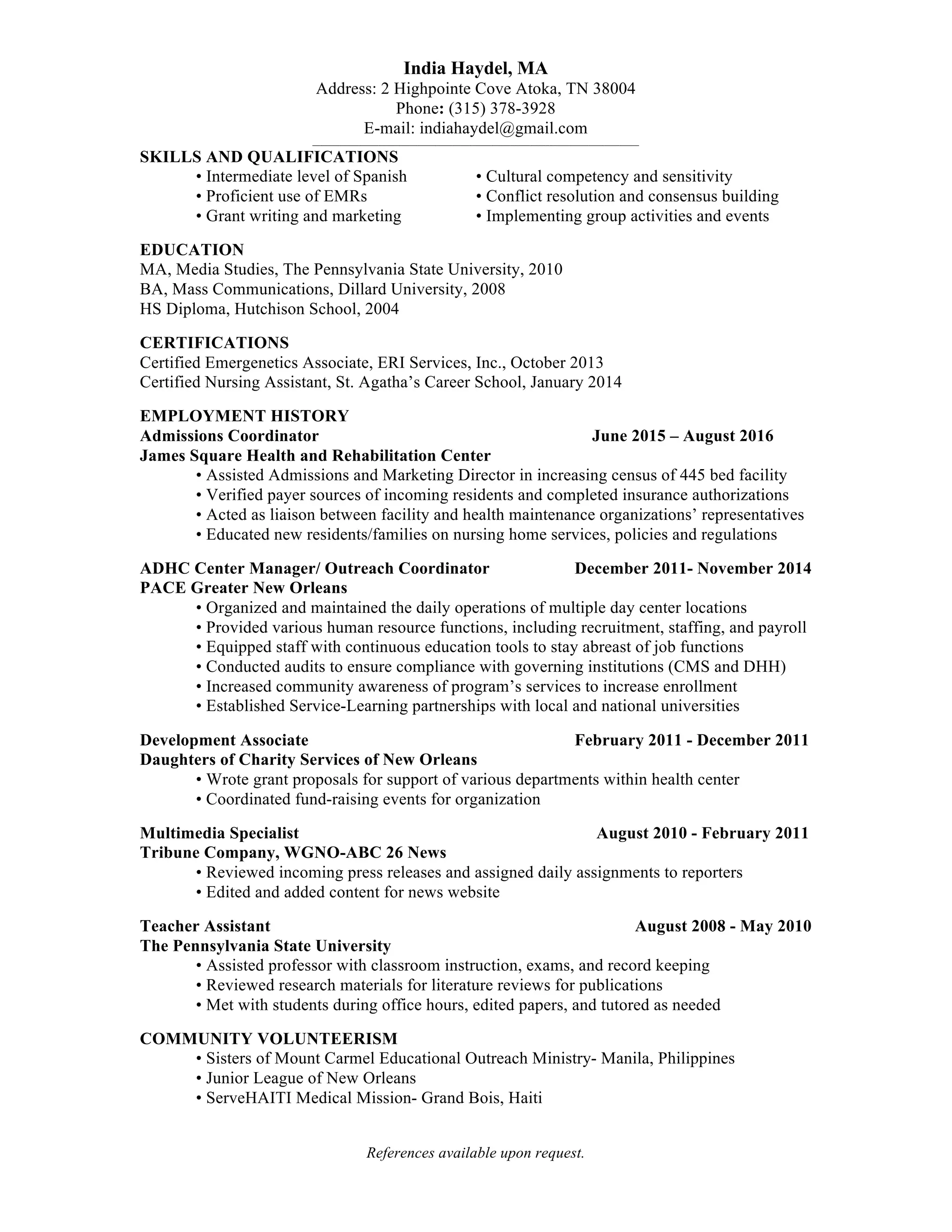 India Haydel MA Resume Aug 2016 | PDF