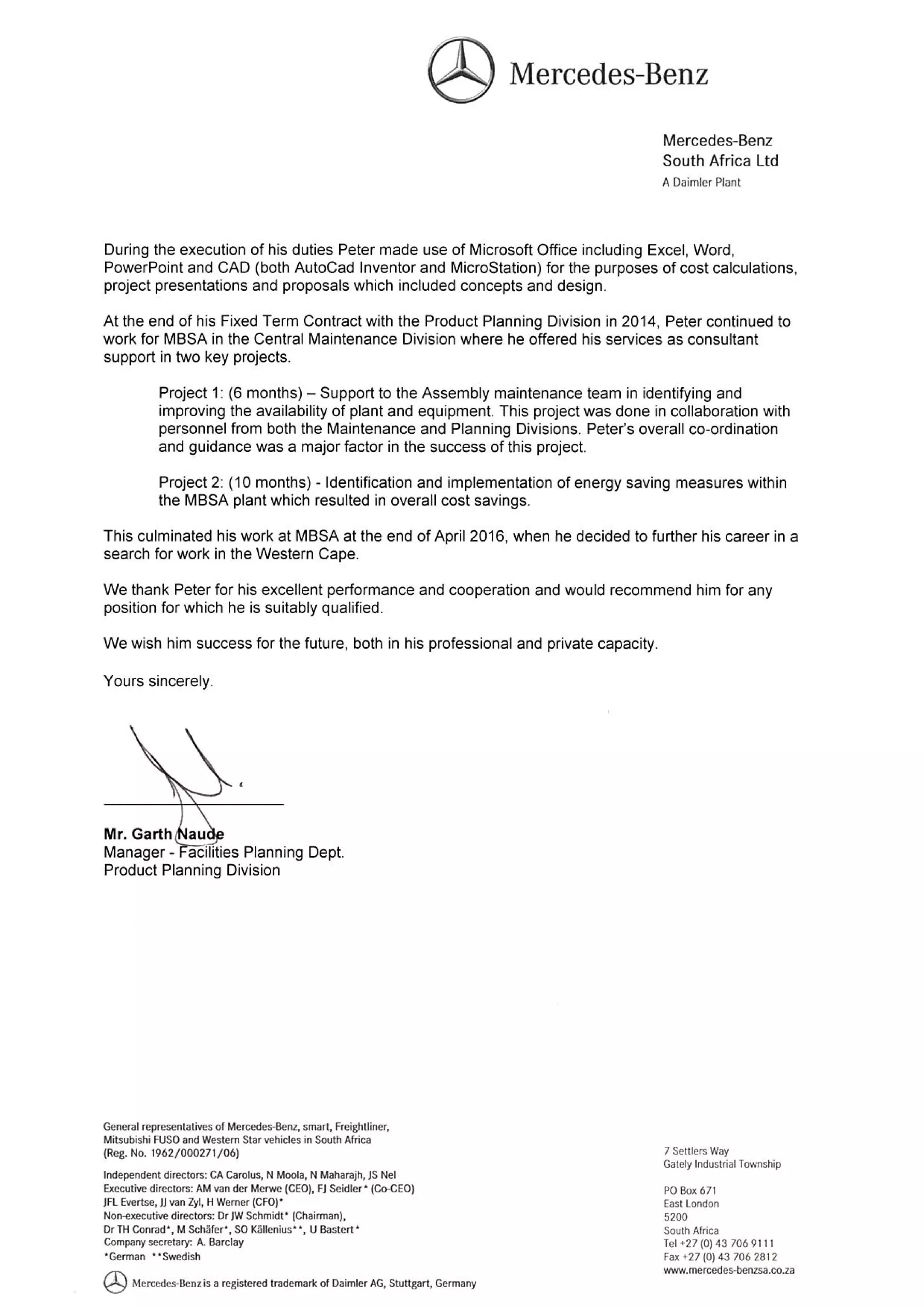 Mercedes-Benz Reference Letter - Peter Pete | PDF