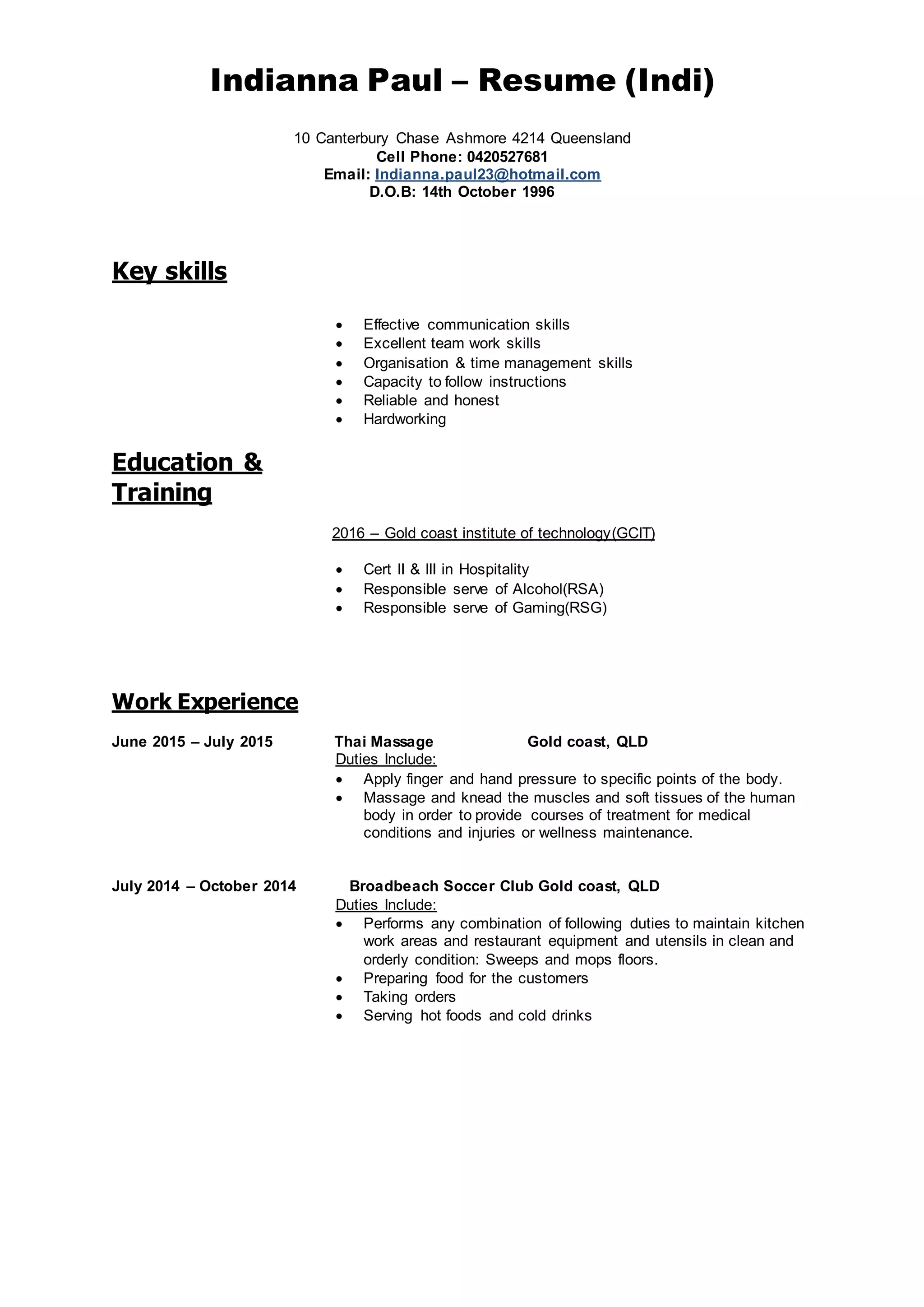 indianna resume | DOCX | Careers