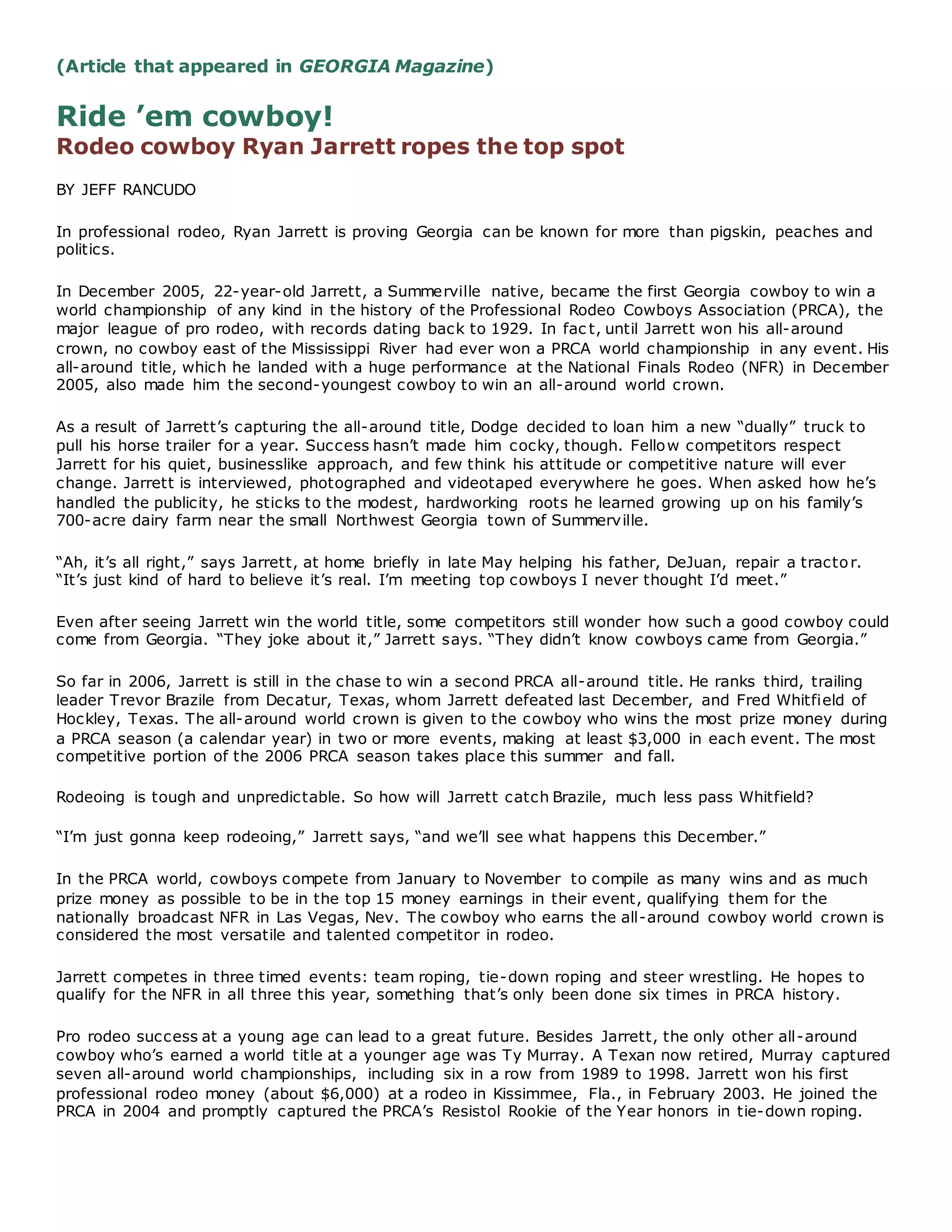 GEORGIA Magazine feature on cowboy Ryan Jarrett | DOCX | Rodeo | Sports